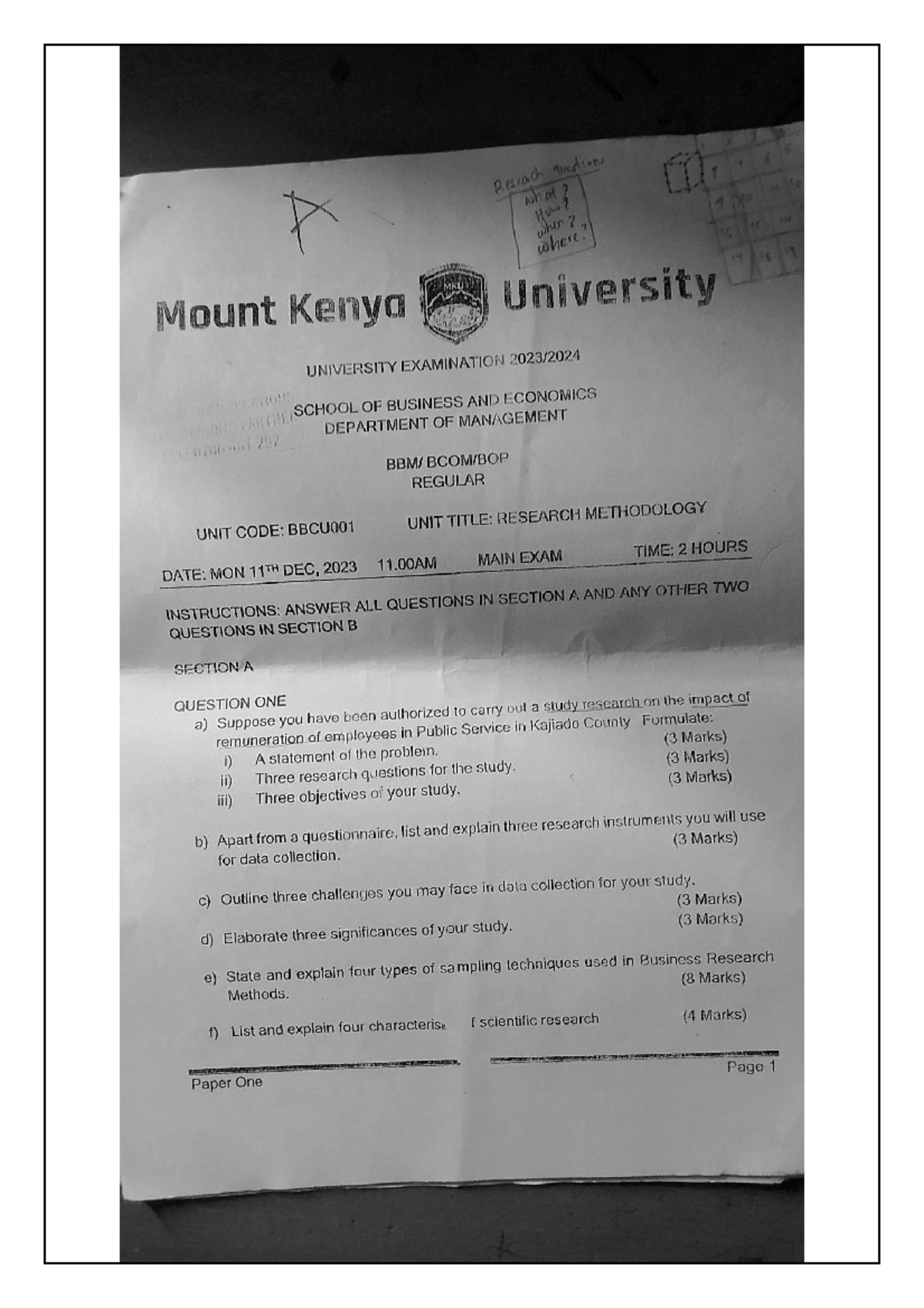 Research Methods Past Papers - BBCU001 - MKU University - Studocu
