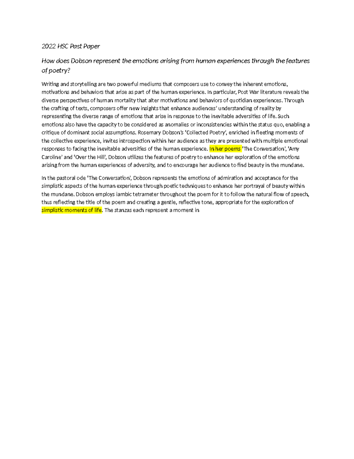 ENGA Com MOD 2022 Essay: Emotions in Dobson's Poetry on Human ...