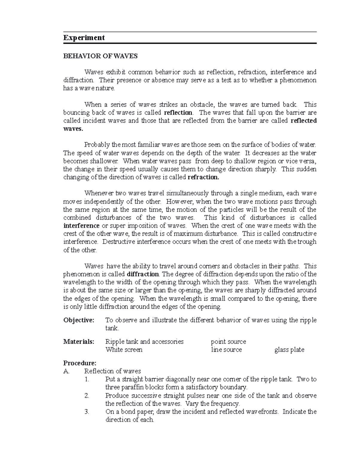 Waves Behavior Experiment: Reflection, Refraction, Interference ...
