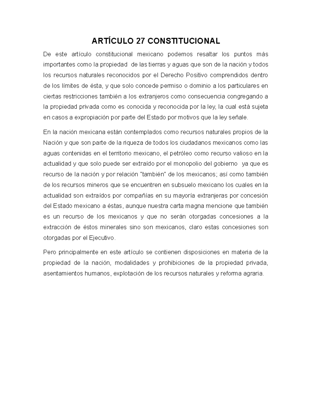 Resumen del Artículo 27 Constitucional en México - Studocu