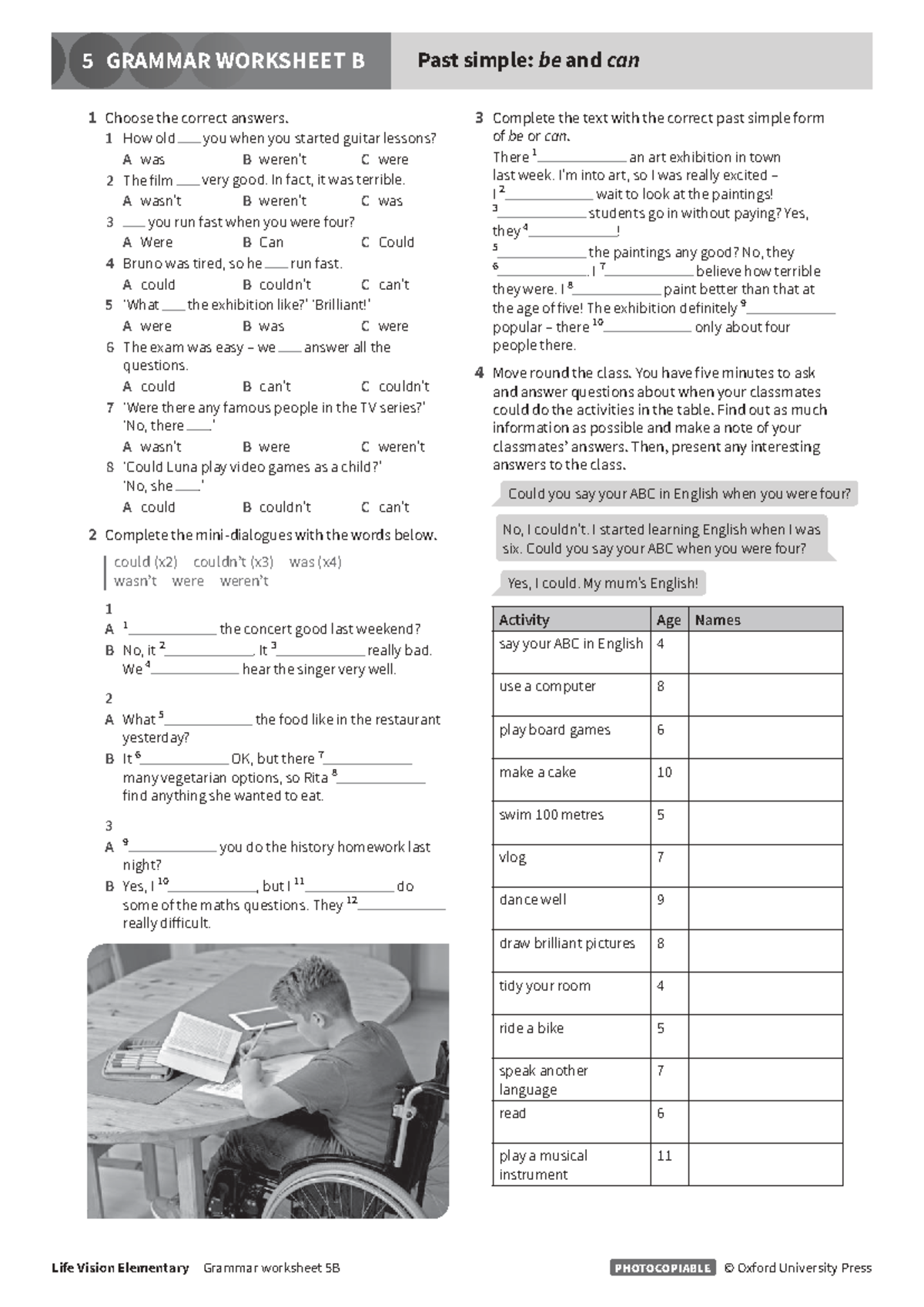 Life Vision Elem Grammar Worksheet B: Past Simple Be & Can - Studocu