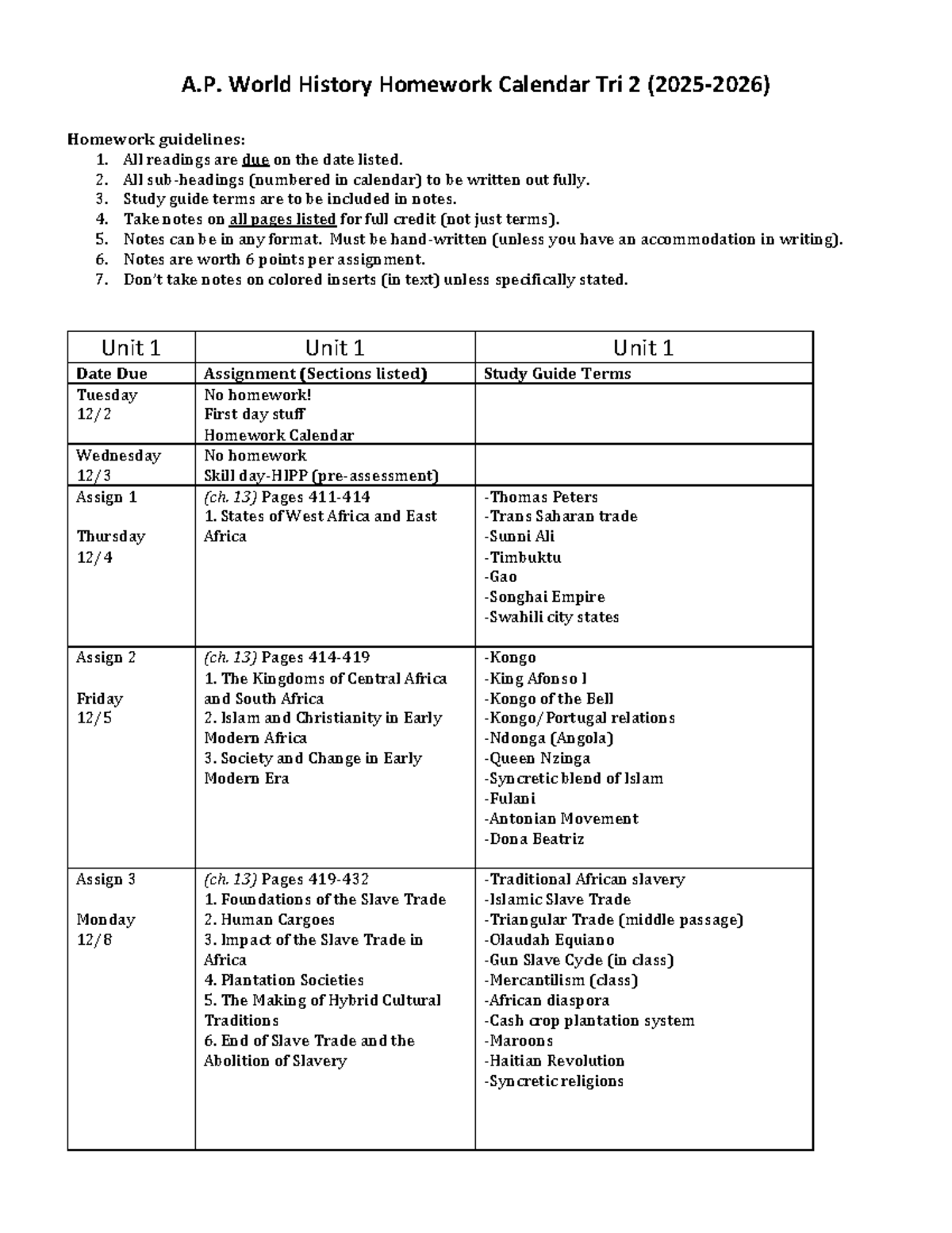 Final AP World History Calendar 2025-2026: Trimester 2 Assignments ...