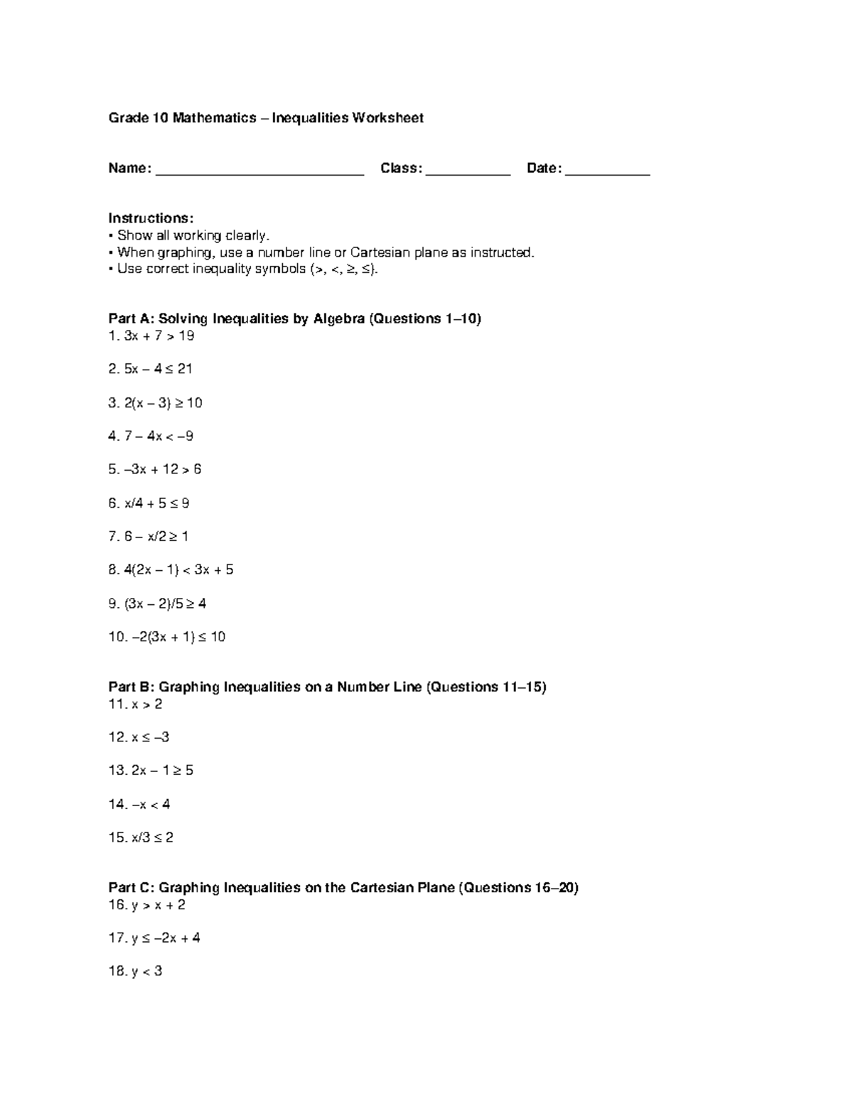 Grade 10 Math Inequalities Worksheet: Practice & Graphing - Studocu