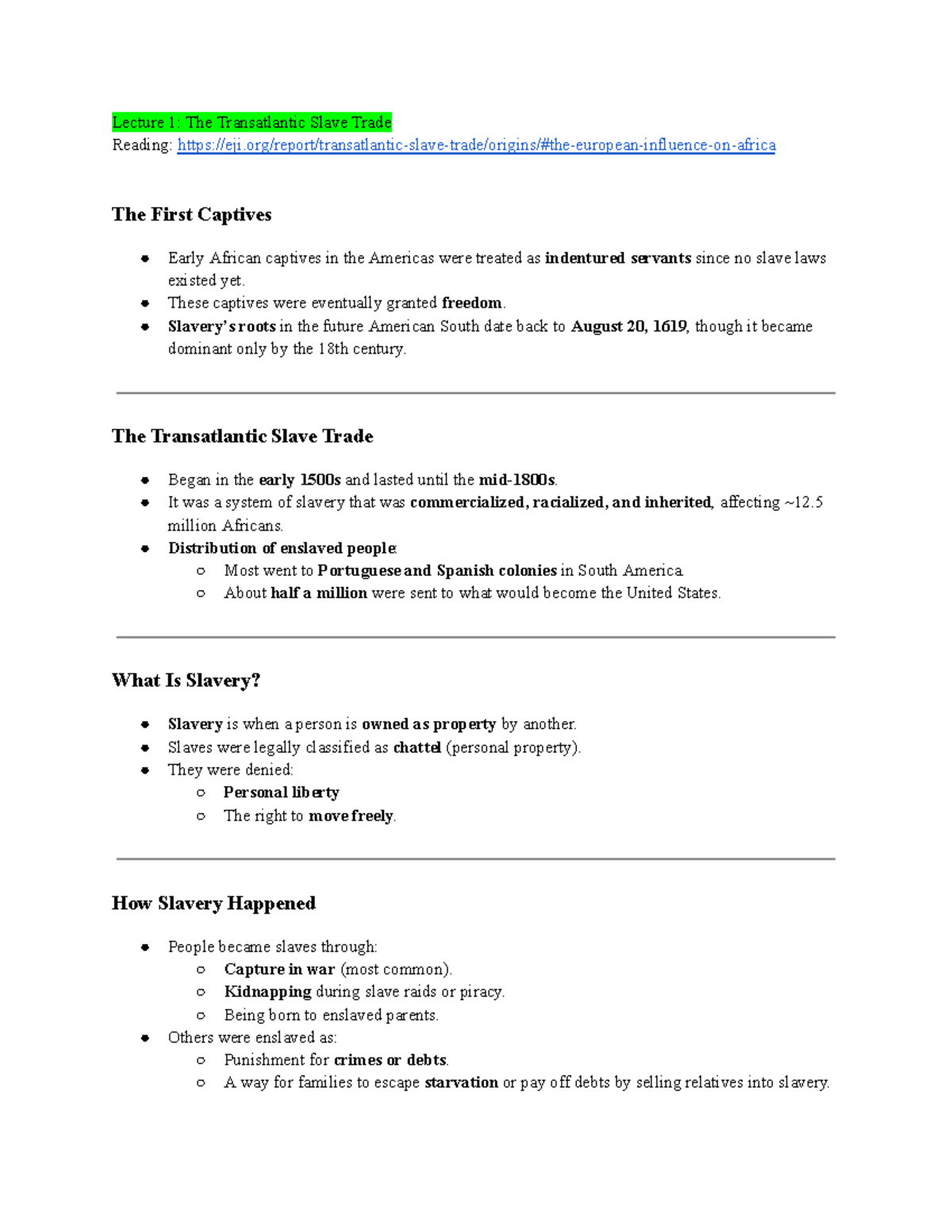 HIS104 Lecture Notes: The Transatlantic Slave Trade and Its Impact ...