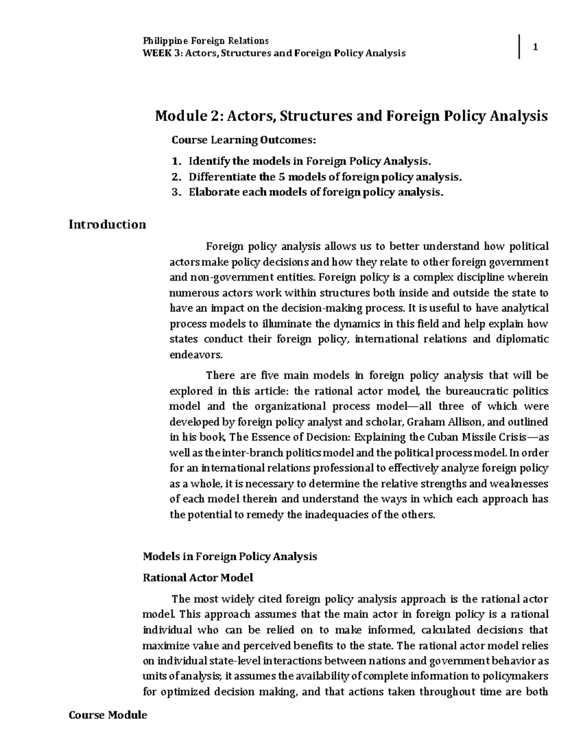 WEEK 3: Foreign Policy Analysis Models and Key Actors - Studocu
