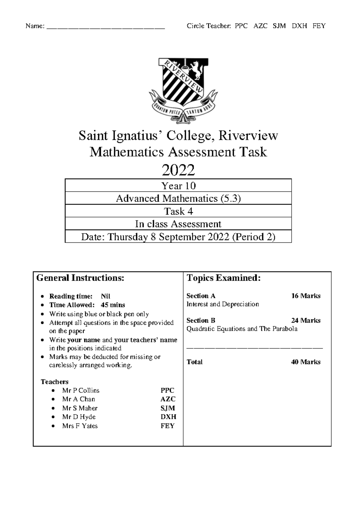 2022 Yr 10 Adv Math Assessment Task 4: Interest & Quadratics - Studocu