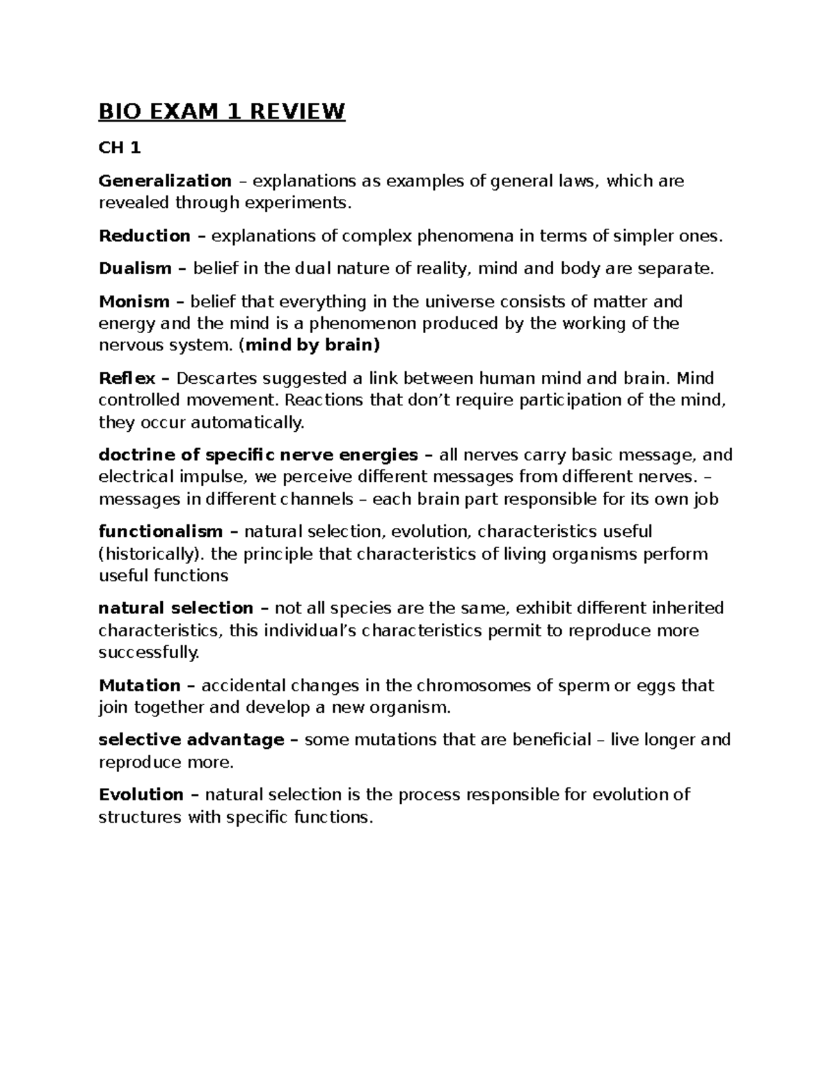 BIO 101 FINAL EXAM REVIEW: Key Concepts from Chapters 1-4 - Studocu