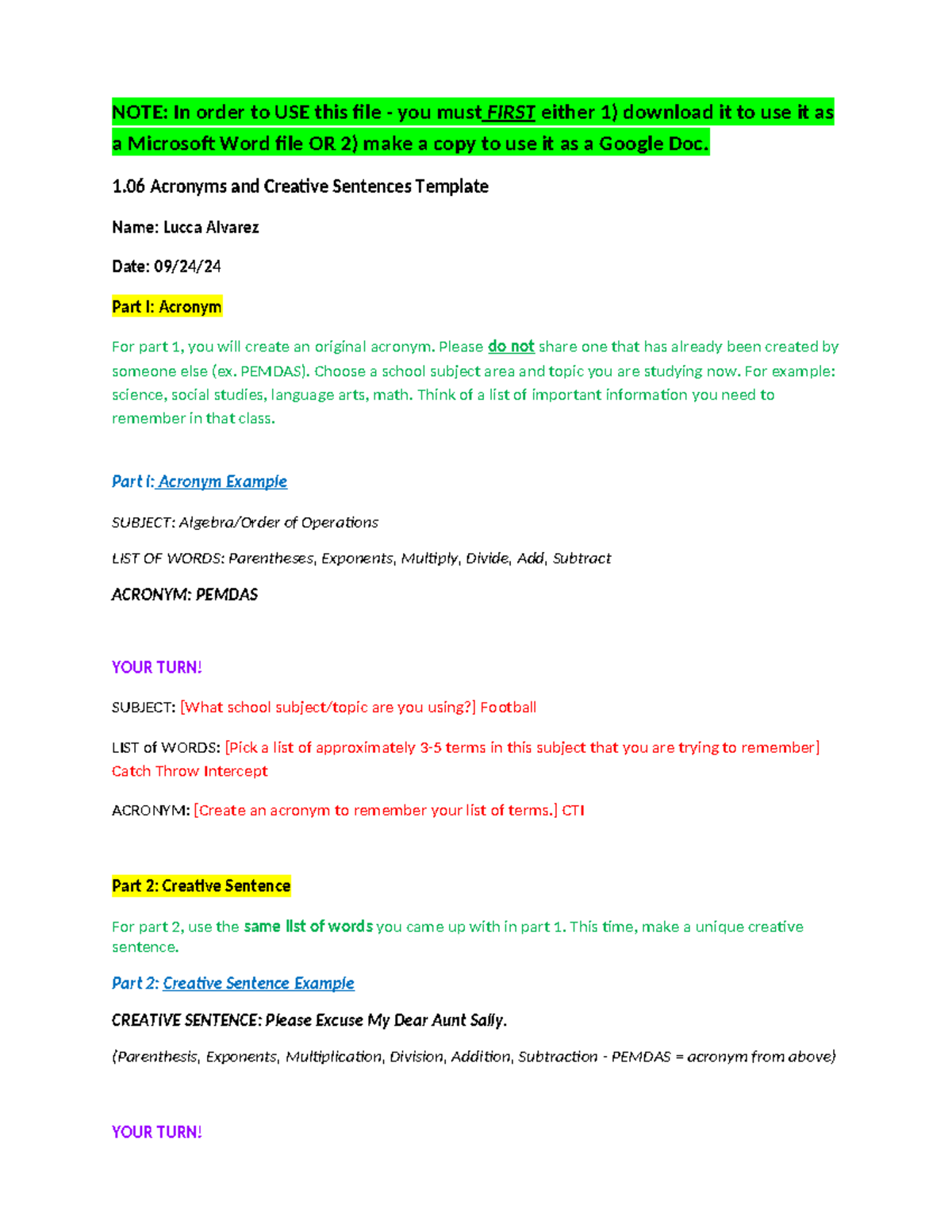 1.06 Acronyms and Creative Sentences Template - Studocu