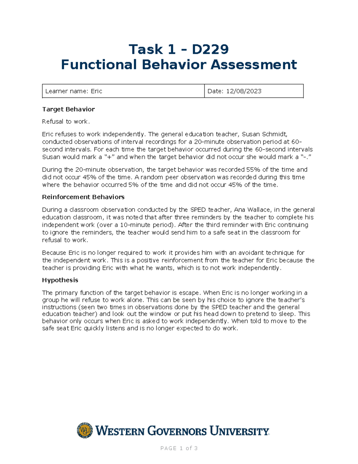 D229 Management Strategies: Functional Behavior Assessment - Task 1 ...