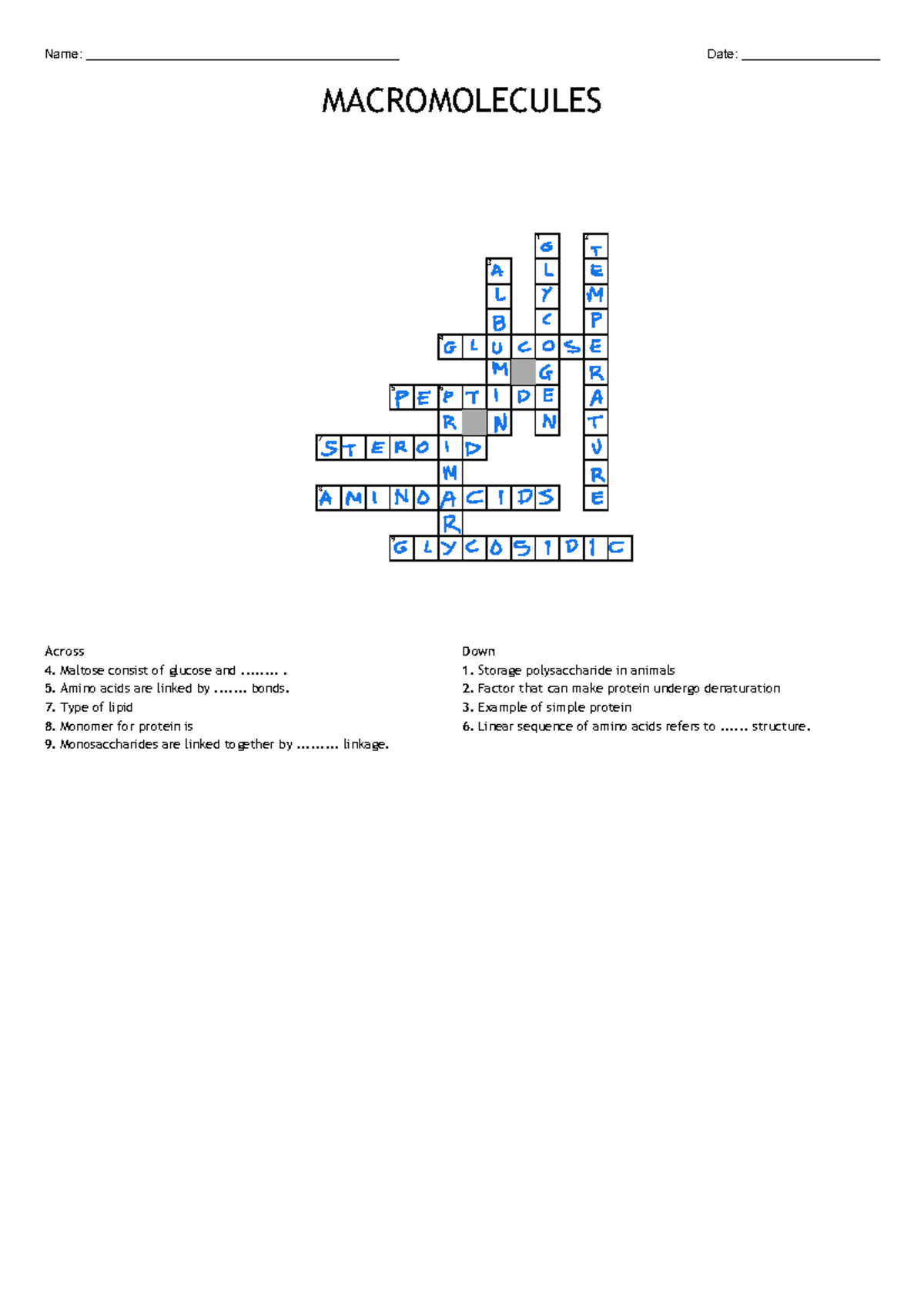 Macromolecules game - Includes notes and practices - Across 4. Maltose ...