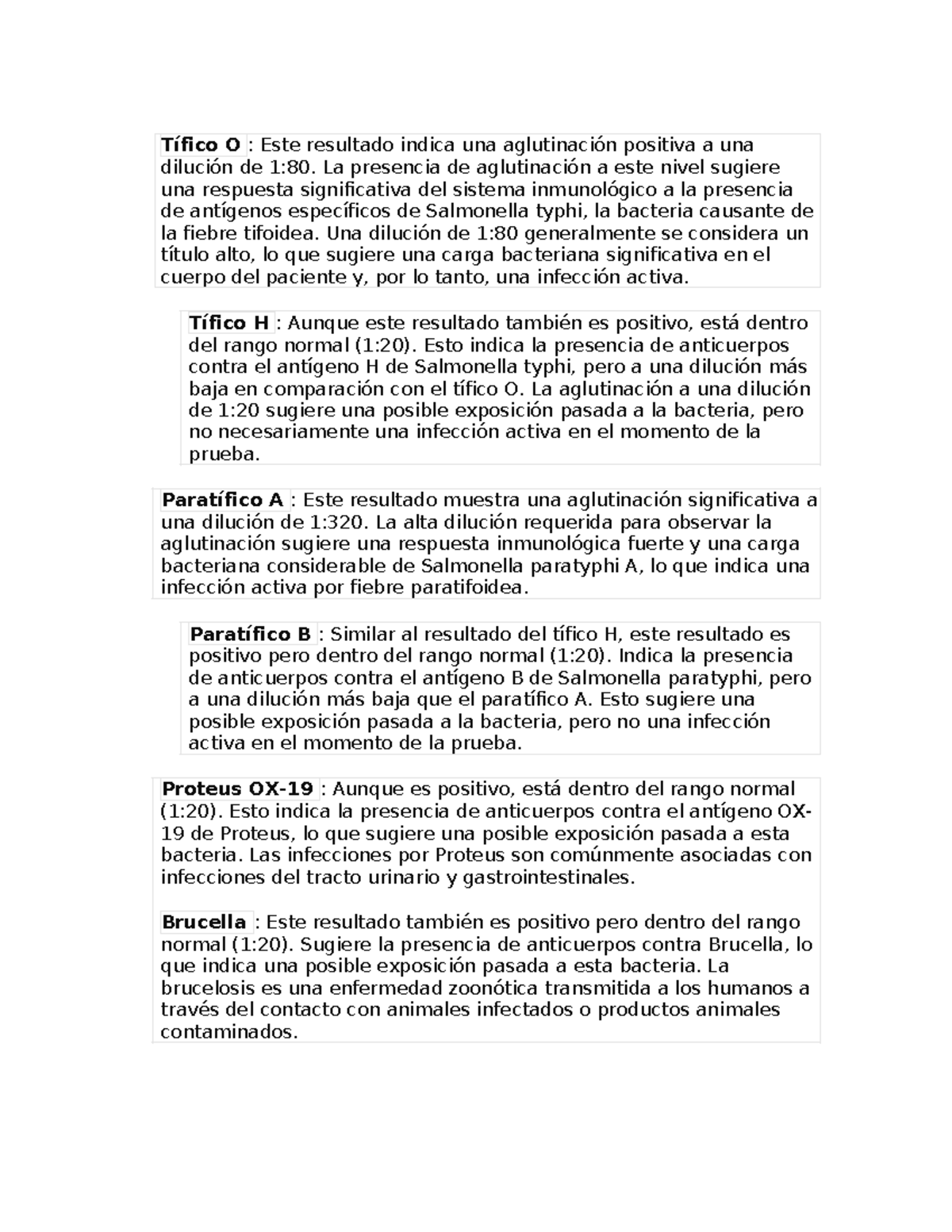 Resultados de Serología Tífico O y Paratífico A - Análisis Inmunológico ...
