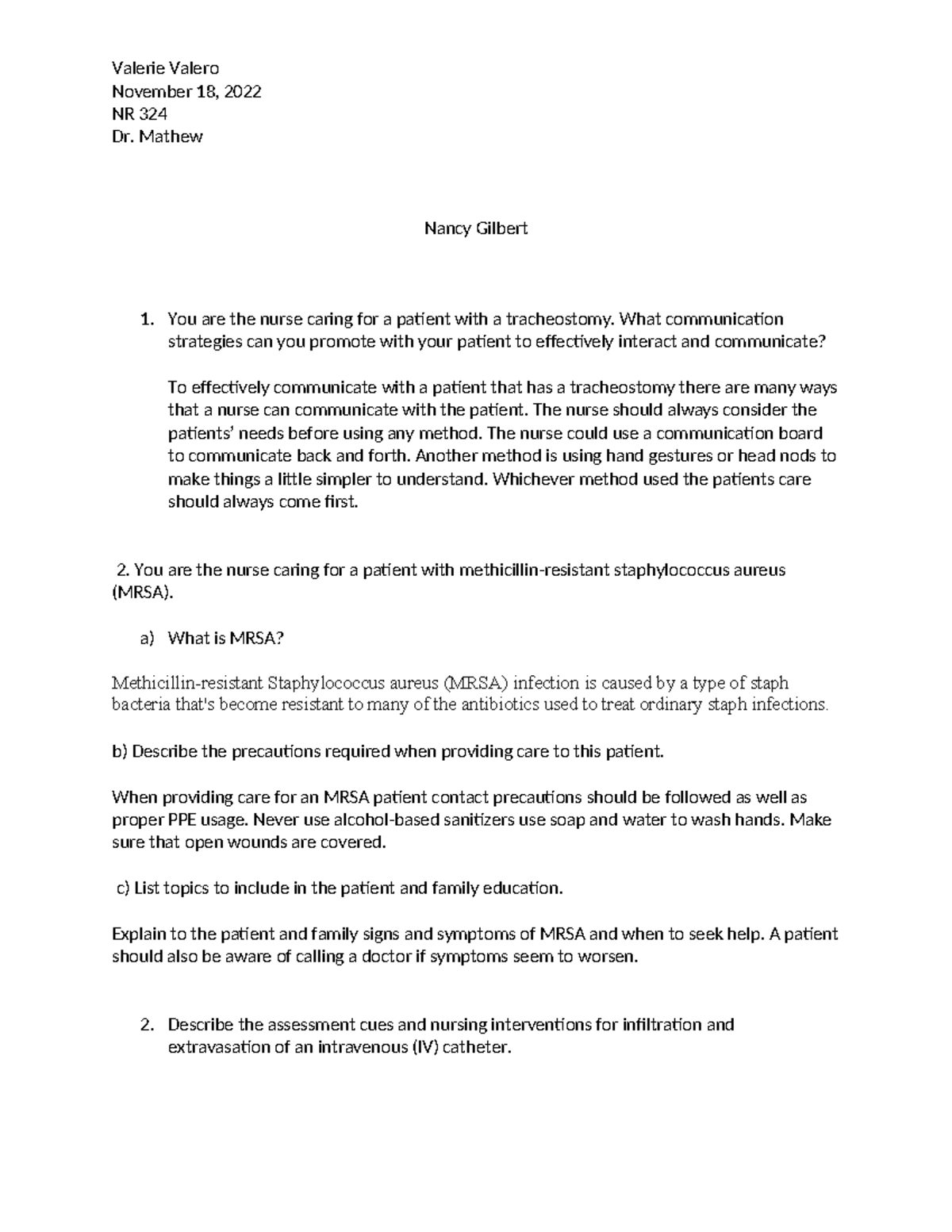 Nancy Gilbert - sim - Valerie Valero November 18, 2022 NR 324 Dr ...