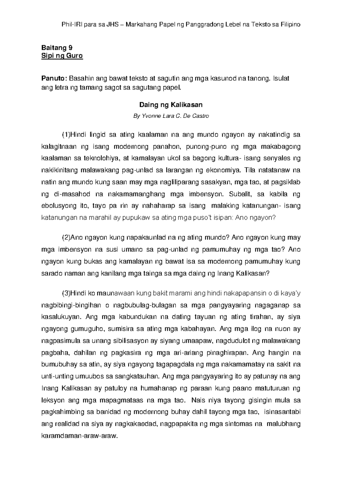 Filipino 9: Daing ng Kalikasan - Guro's Guide and Learner's Record - Studocu