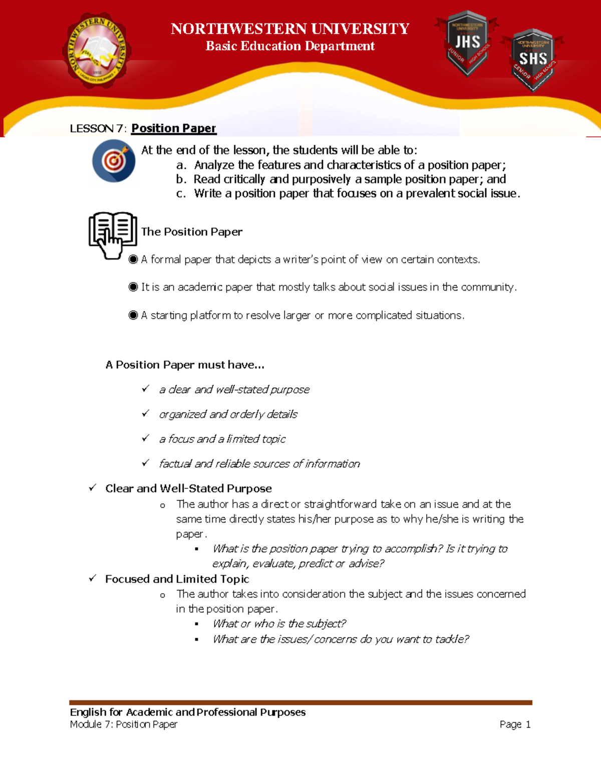Lesson 7 Position Paper - English for Academic and Professional ...