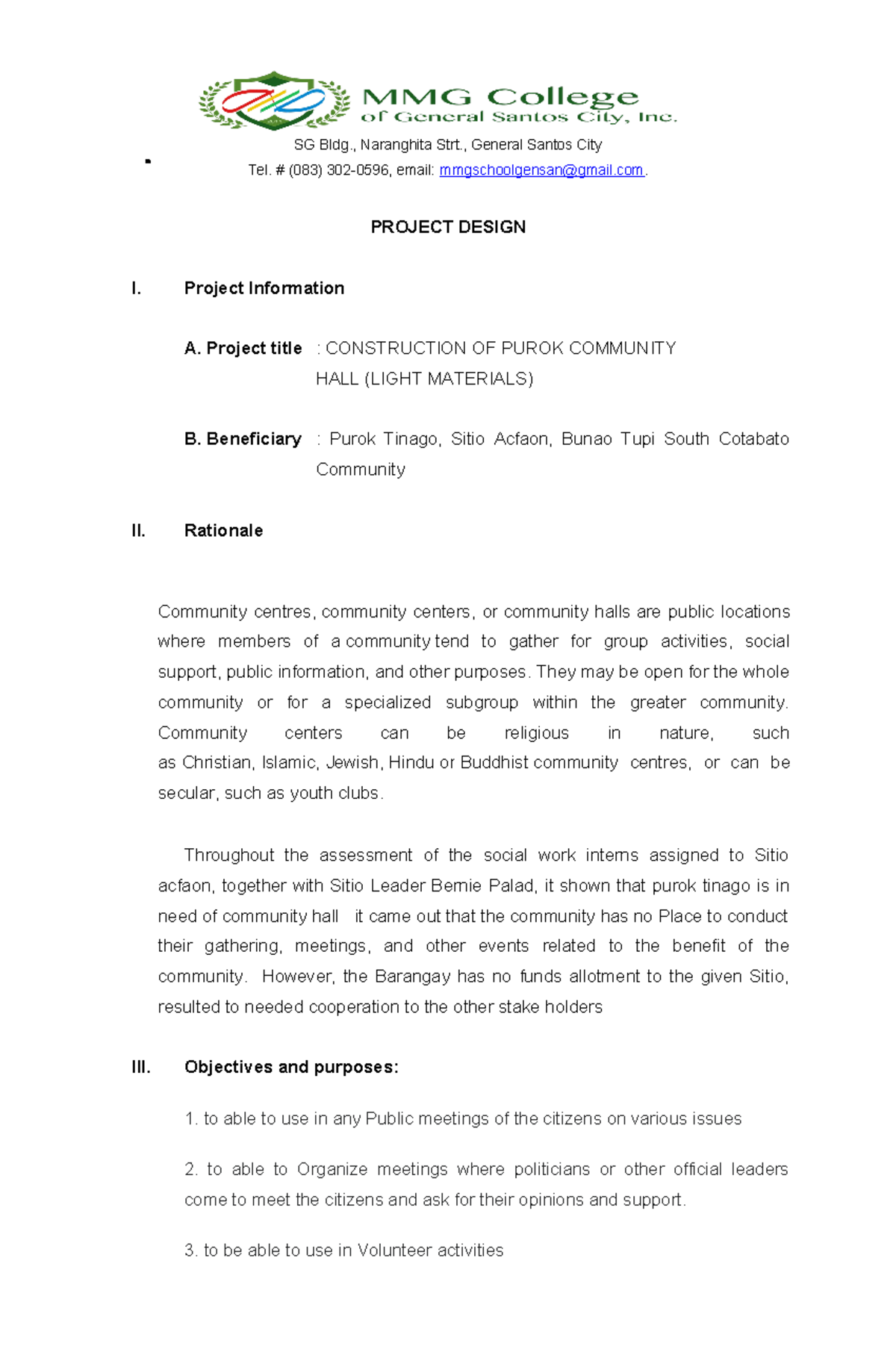 SG Project Design: Community Hall Construction Plan and Budget - Studocu