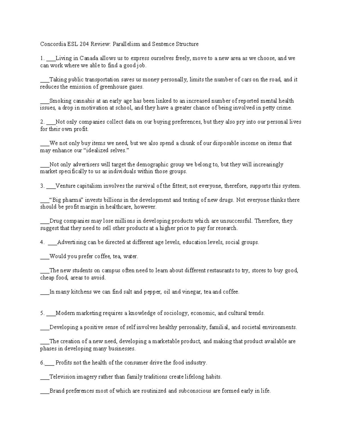 Concordia ESL 204 Midterm Review: Parallelism & Sentence Structure ...
