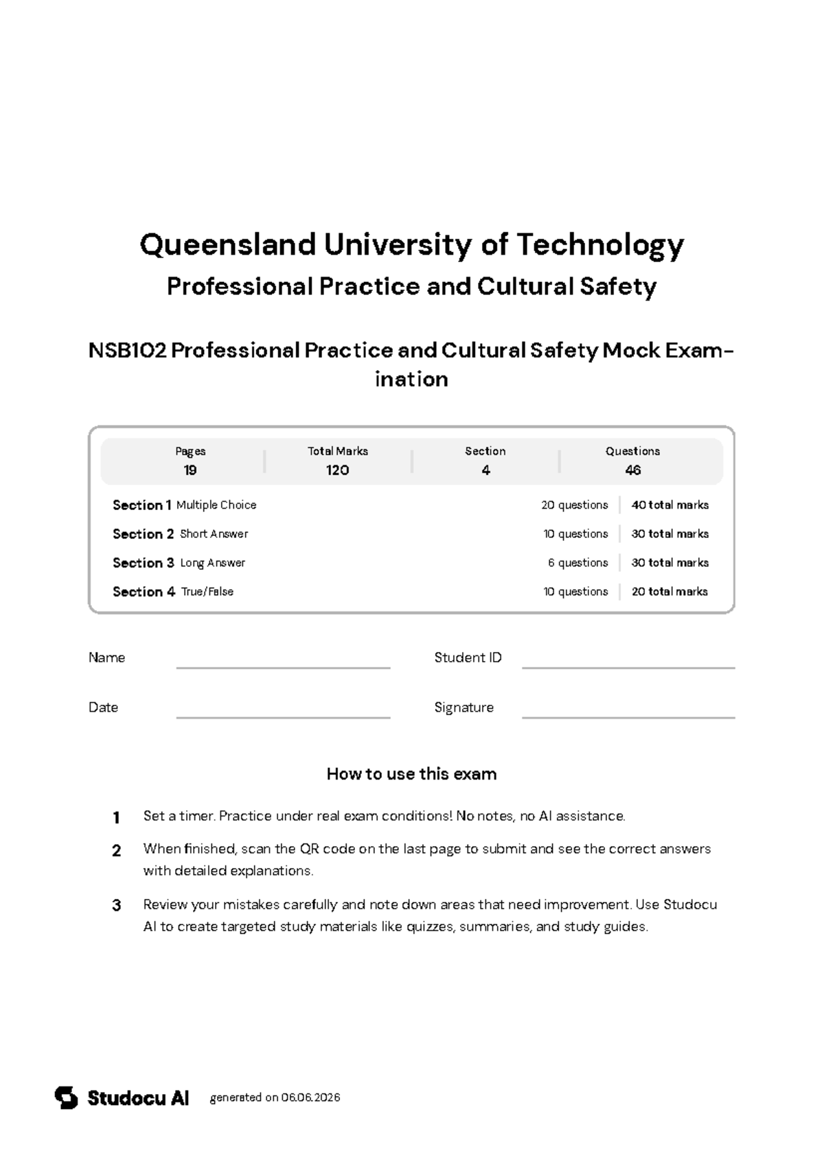 NSB102 Mock Exam: Professional Practice & Cultural Safety - Studocu