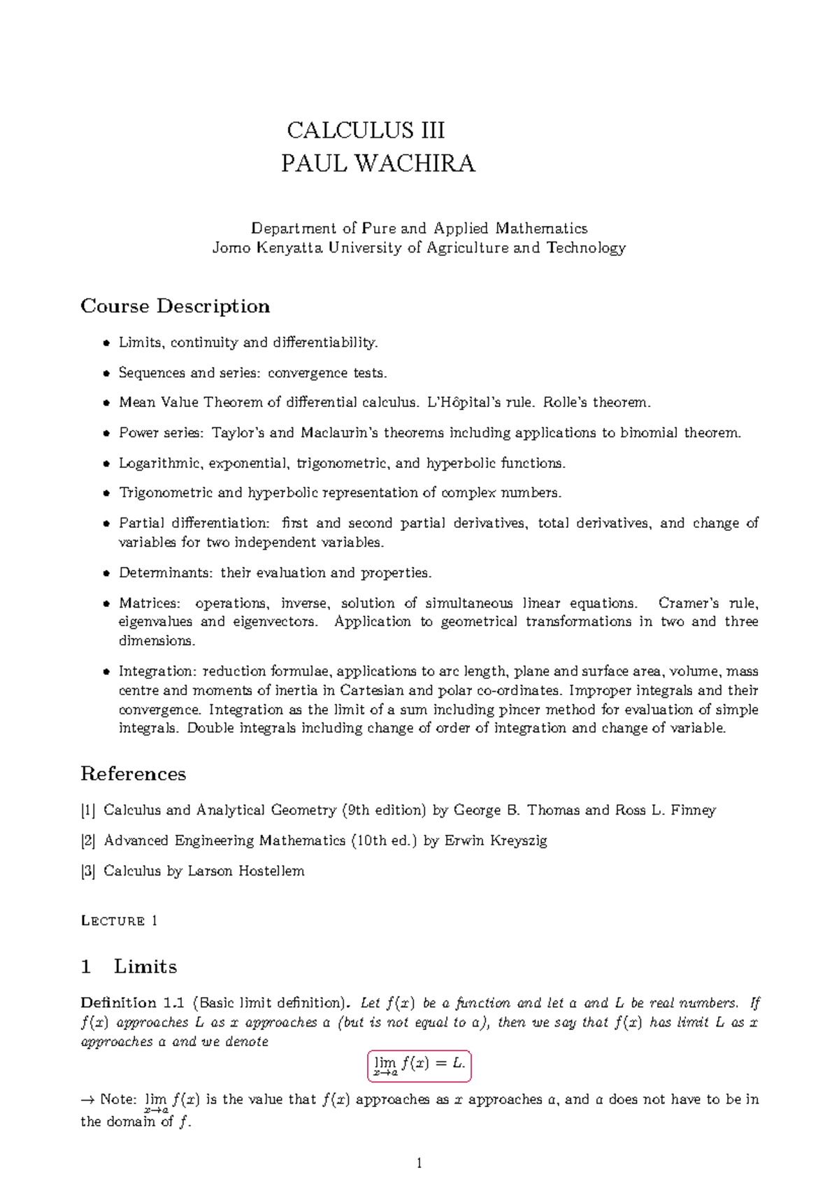 SMA-2270 Calculus-III Comprehensive Lecture Notes by Paul Wachira - Studocu
