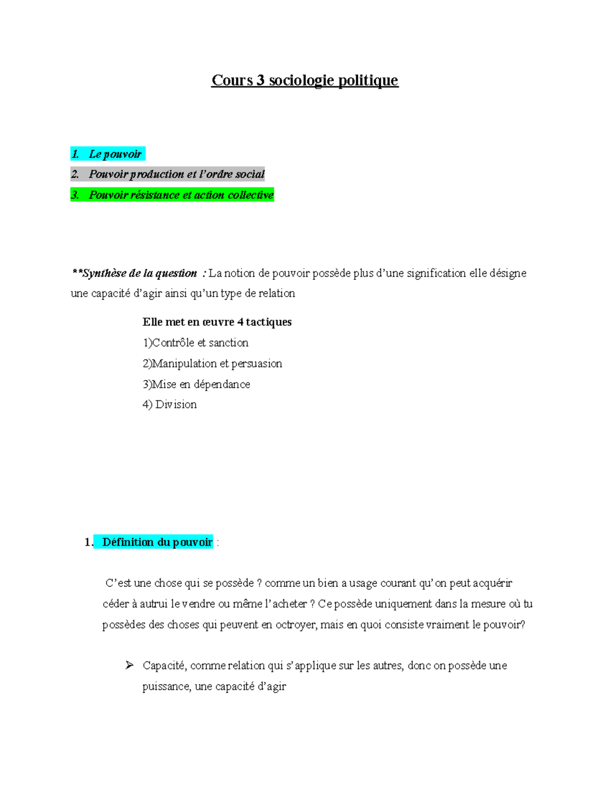 Cours 3: Pouvoir, Résistance et Action Collective en Sociologie ...