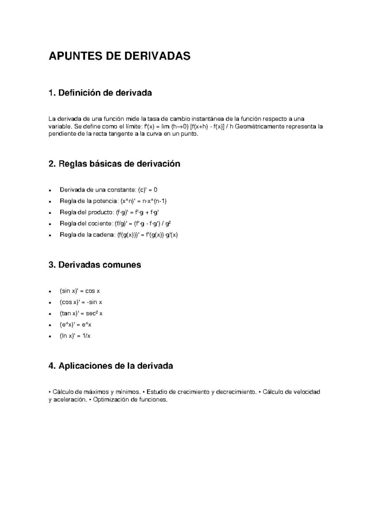 APUNTES DE DERIVADAS - Definición y Reglas Básicas - Studocu