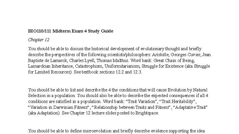 BIO110/111 Midterm Exam 4 Study Guide: Evolutionary Thought & Evidence - Studocu