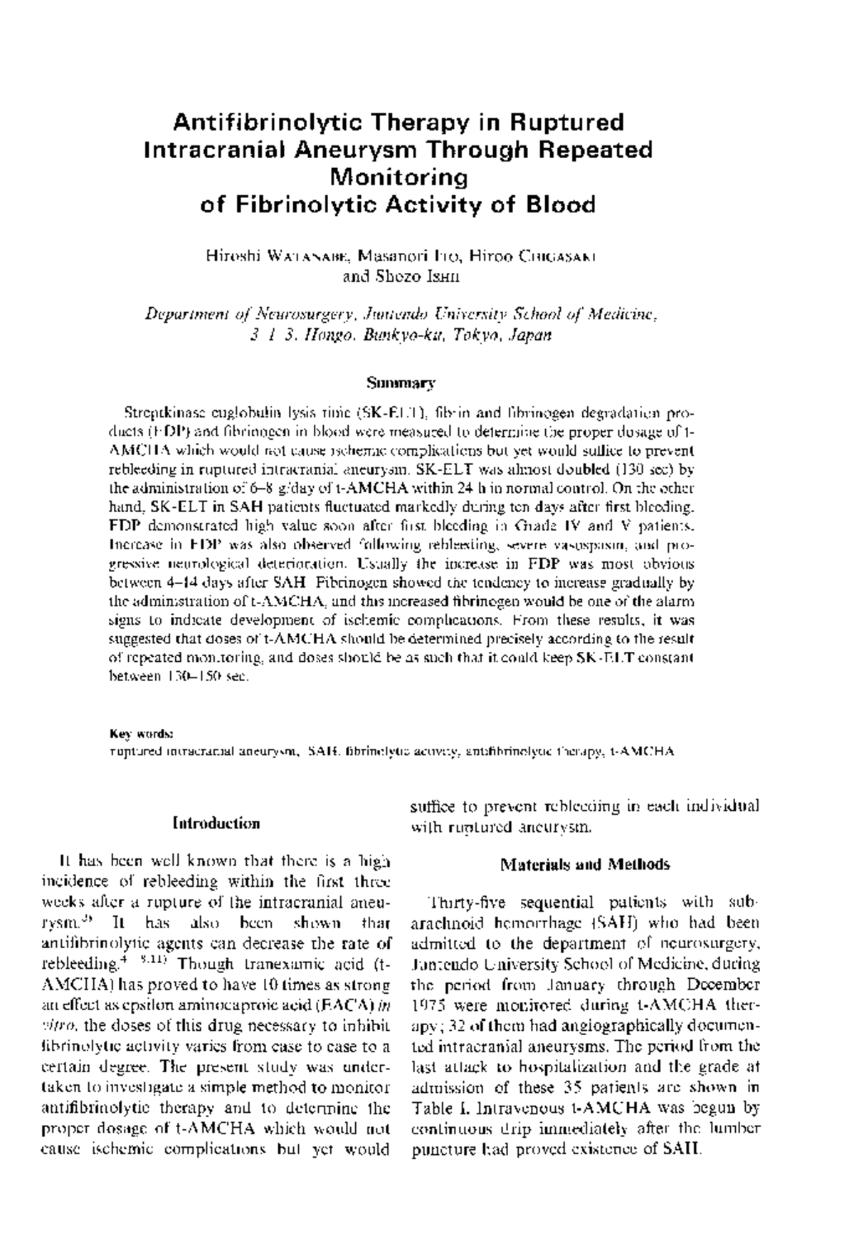 Antifibrinolytic Therapy Monitoring in Ruptured Intracranial Aneurysms ...