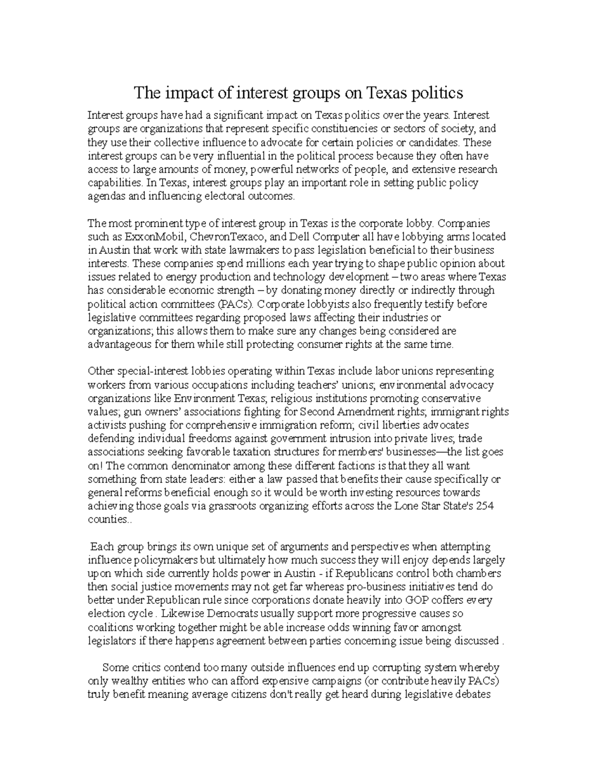 The Influence of Interest Groups on Texas Politics: An Analysis - Studocu