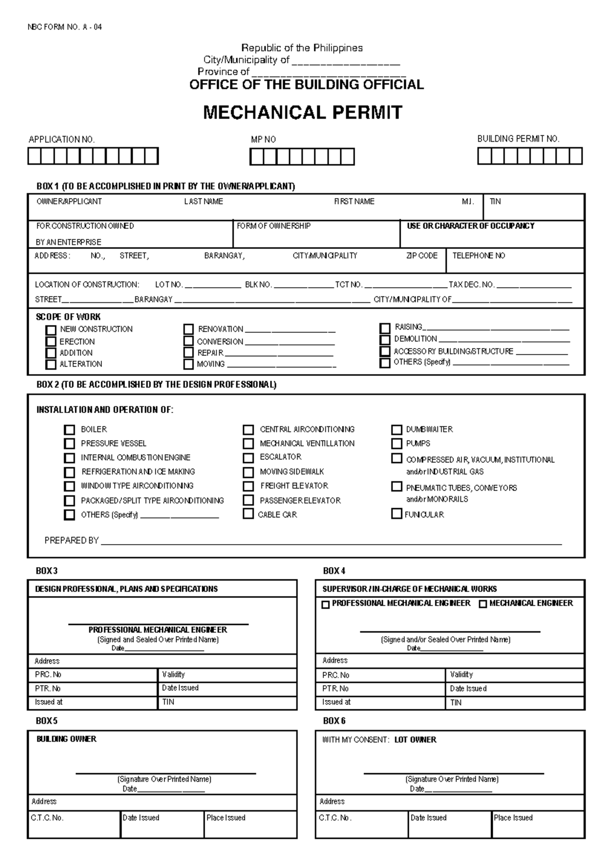 Mechanical Permit Application Form - NBC A 04 - Studocu
