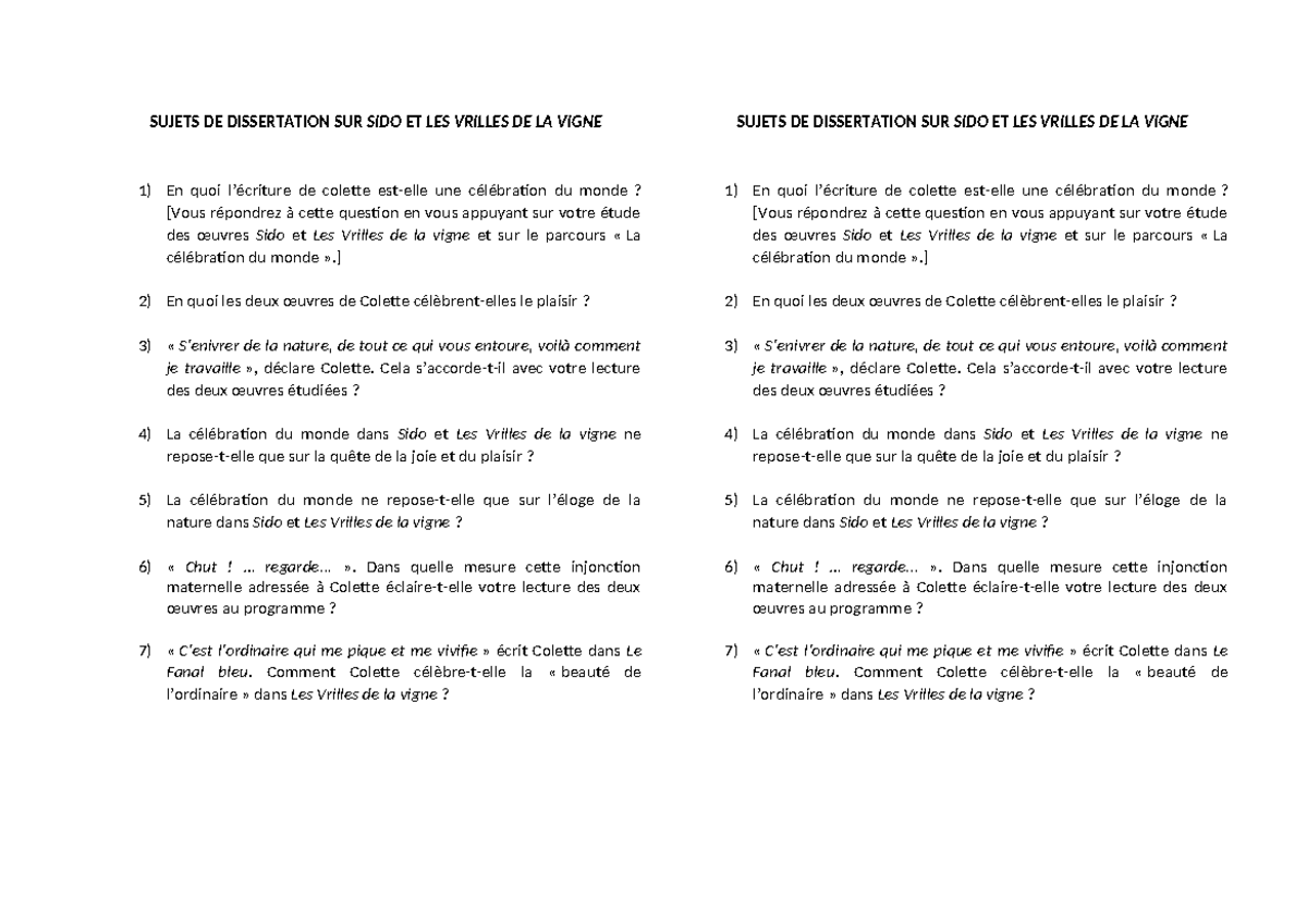 Sujet Dissertation Sido Et Les Vrilles De La Vigne Corrigé | Chtoby Pomnili