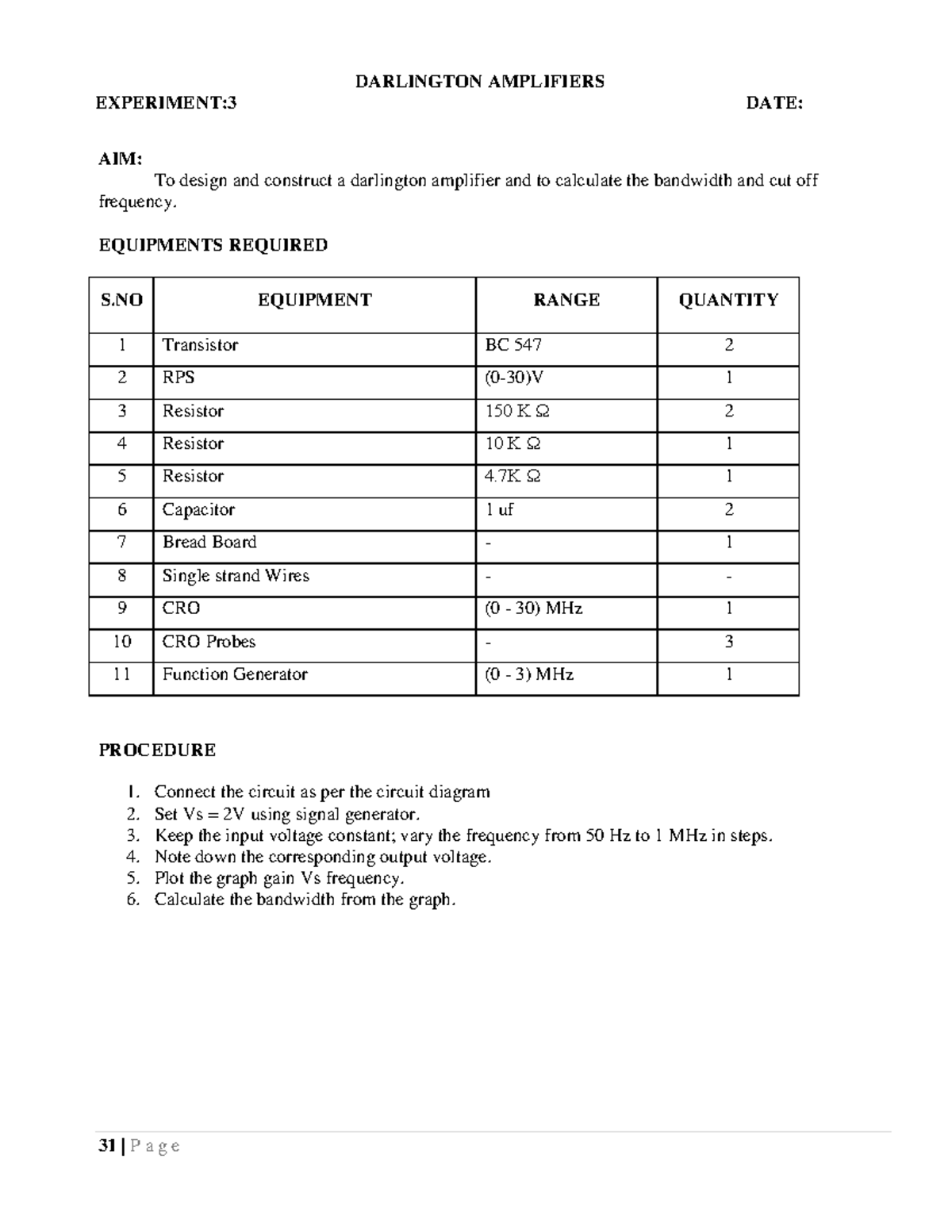 Darlington Amplifier Experiment - Design & Analysis Guide - Studocu