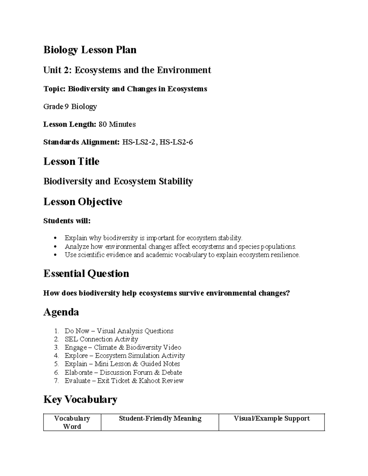 Biology Lesson Plan (Grade 9): Biodiversity & Ecosystem Changes - Studocu