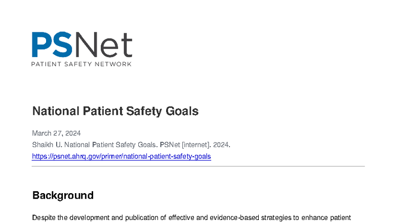 National Patient Safety Goals Overview - PSNet 2024 - Studocu