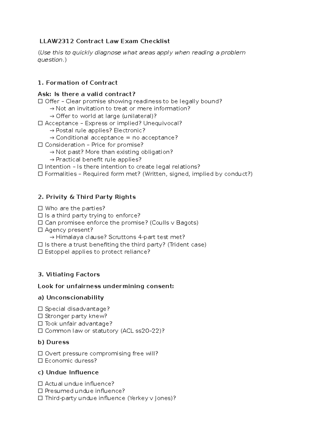 LLAW2312 Contract Law Final Exam Checklist for Problem Questions - Studocu