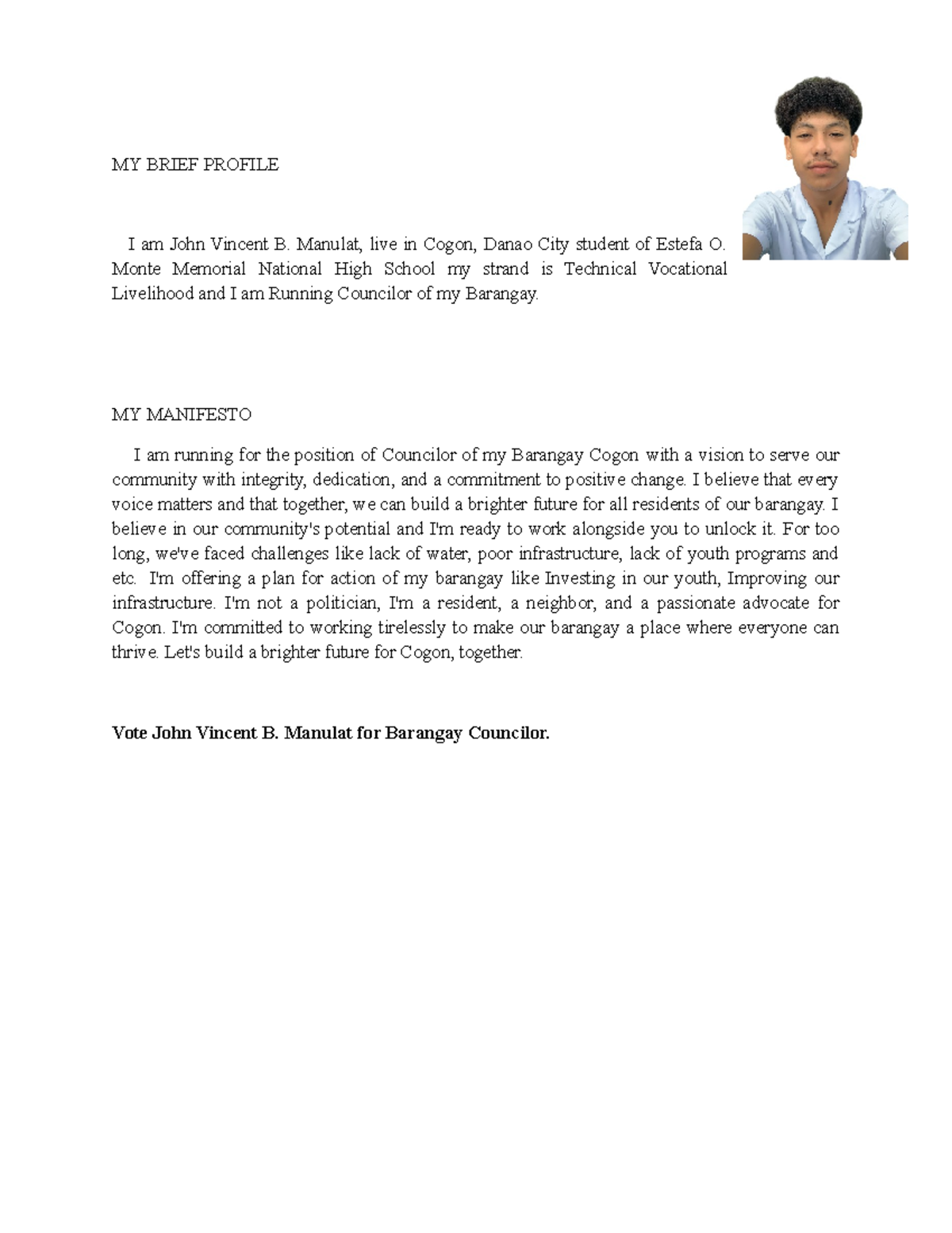 John Vincent Manulat - Barangay Councilor Manifesto for Cogon - Studocu