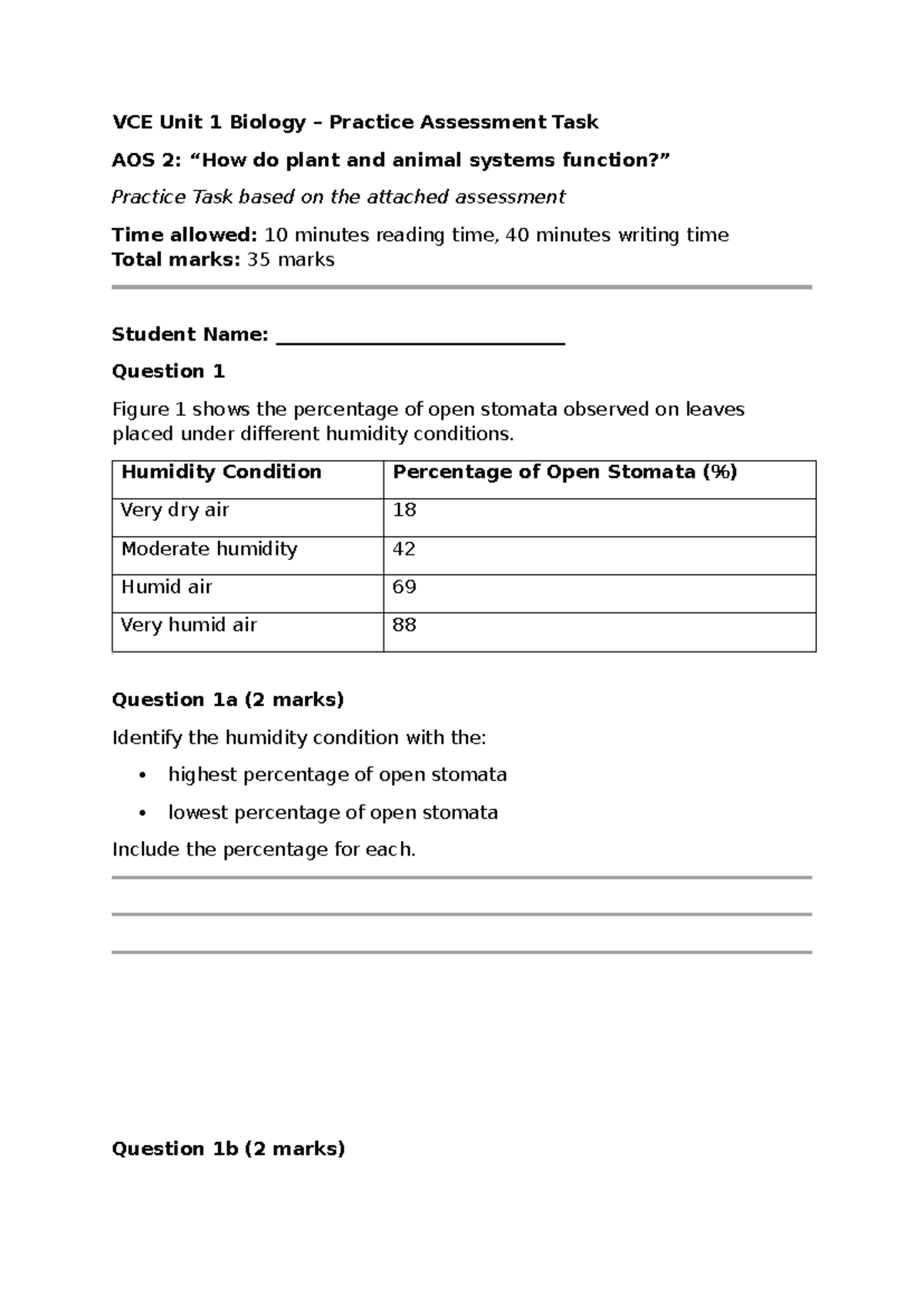 VCE Unit 1 Biology Practice Task AOS 2: Plant & Animal Systems ...