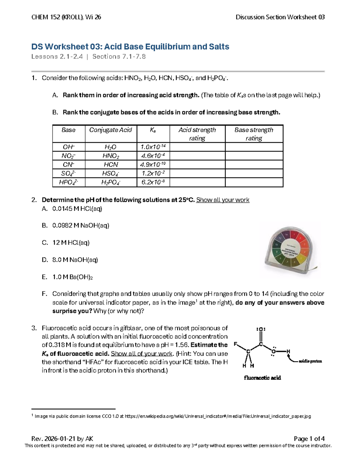 CHEM 152 (KROLL), Wi 26 Discussion Section Worksheet 03: Acid-Base ...