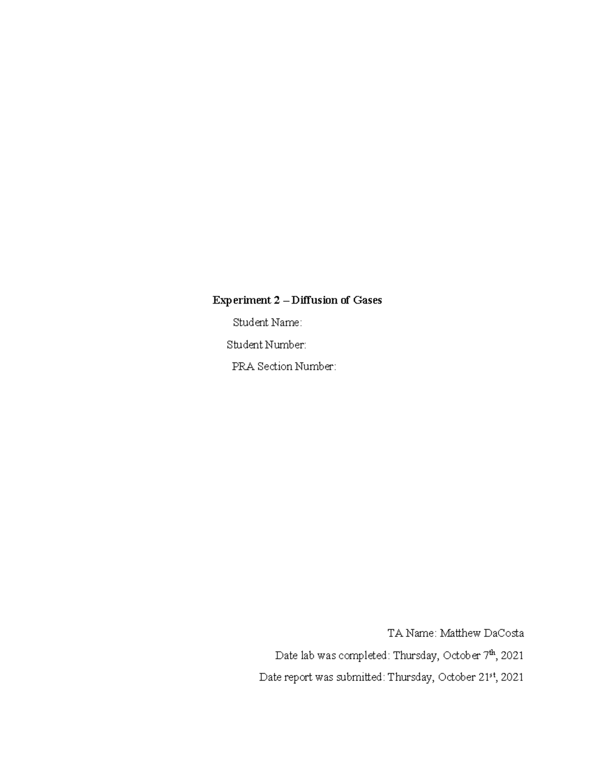 Experiment 2: Lab Report on Gas Diffusion & Graham's Law - Studocu