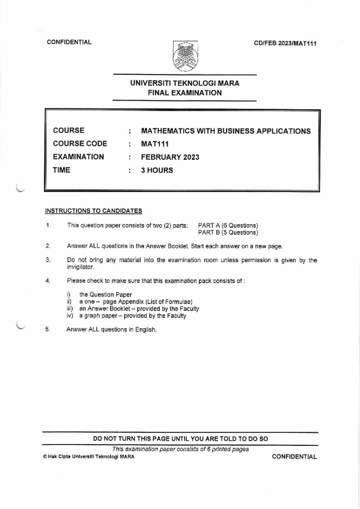 MAT111 - Final Exam Paper: Mathematics with Business Applications - Studocu