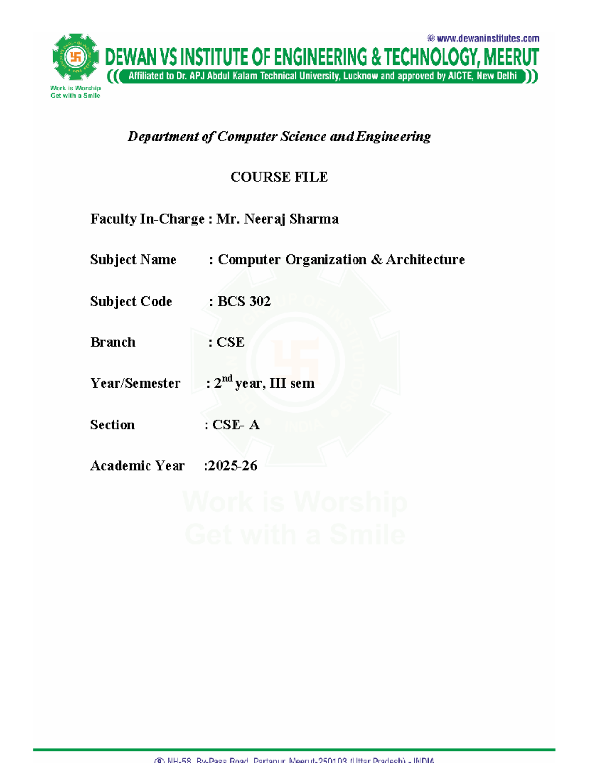 COA BCS 302 - Computer Organization Architecture Course File - Studocu