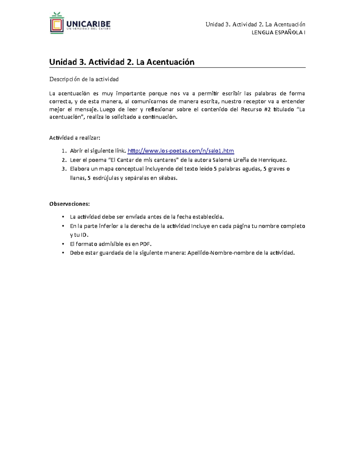 Unidad 3: Actividad 2 - La Acentuación en LENGUA ESPAÑOLA I - Studocu