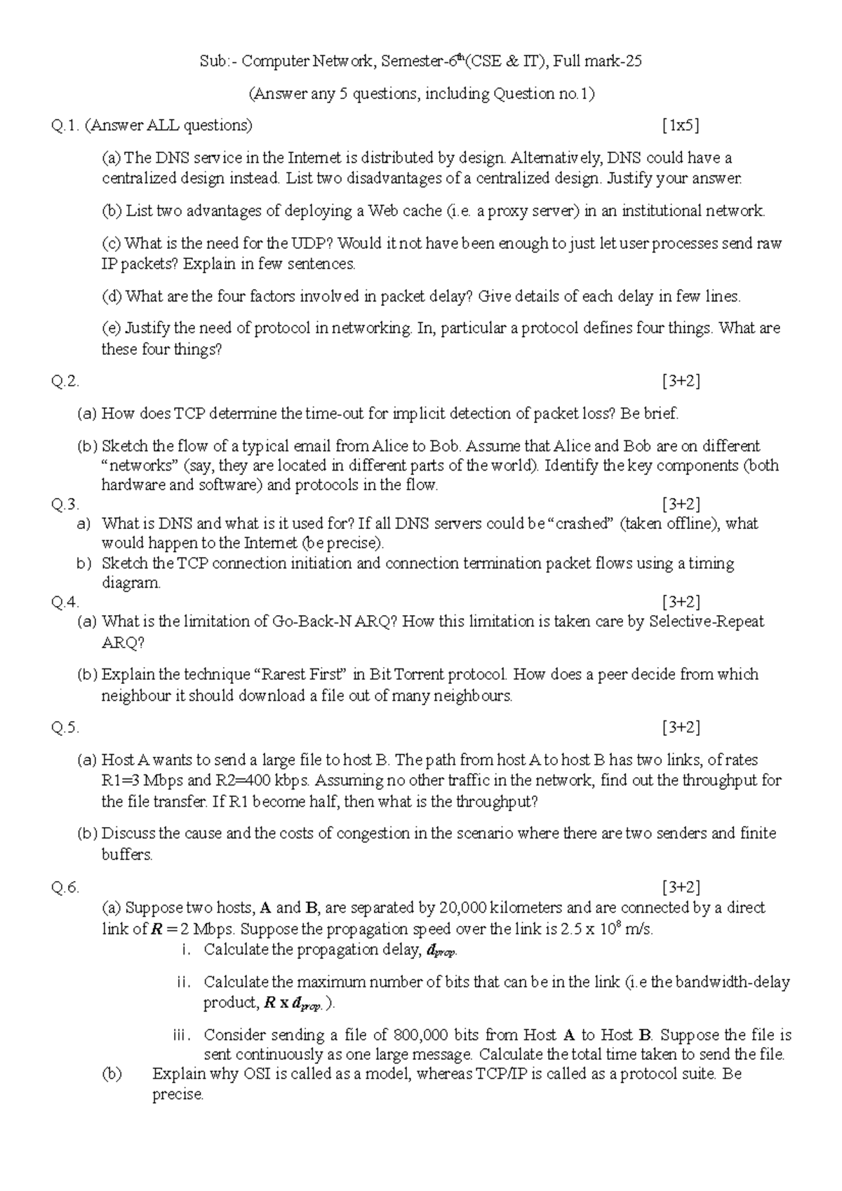 CSE & IT 6th Sem Computer Networks Midterm Exam Questions & Answers ...
