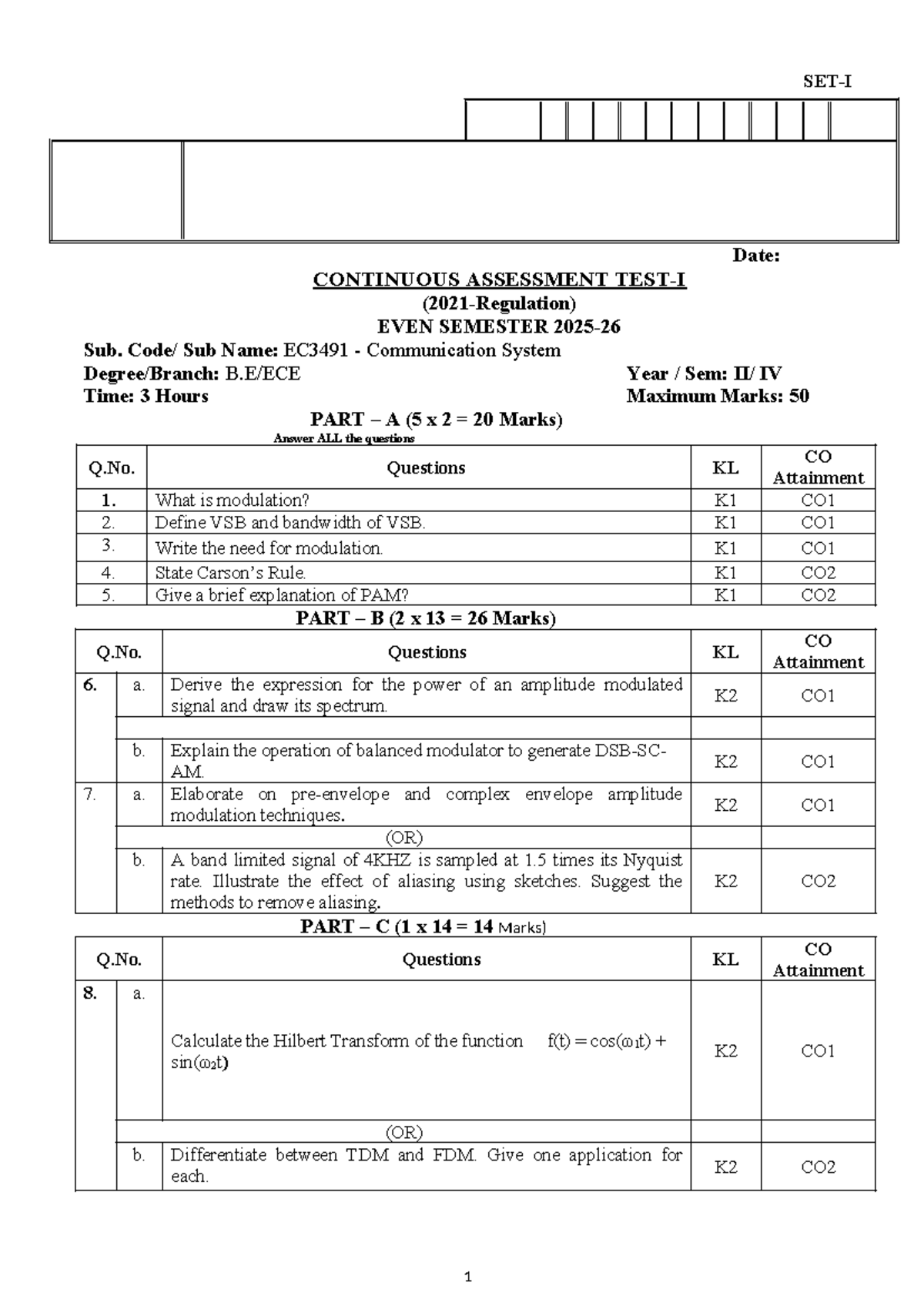 EC3491 Communication System Continuous Assessment Set 1 QP - Studocu