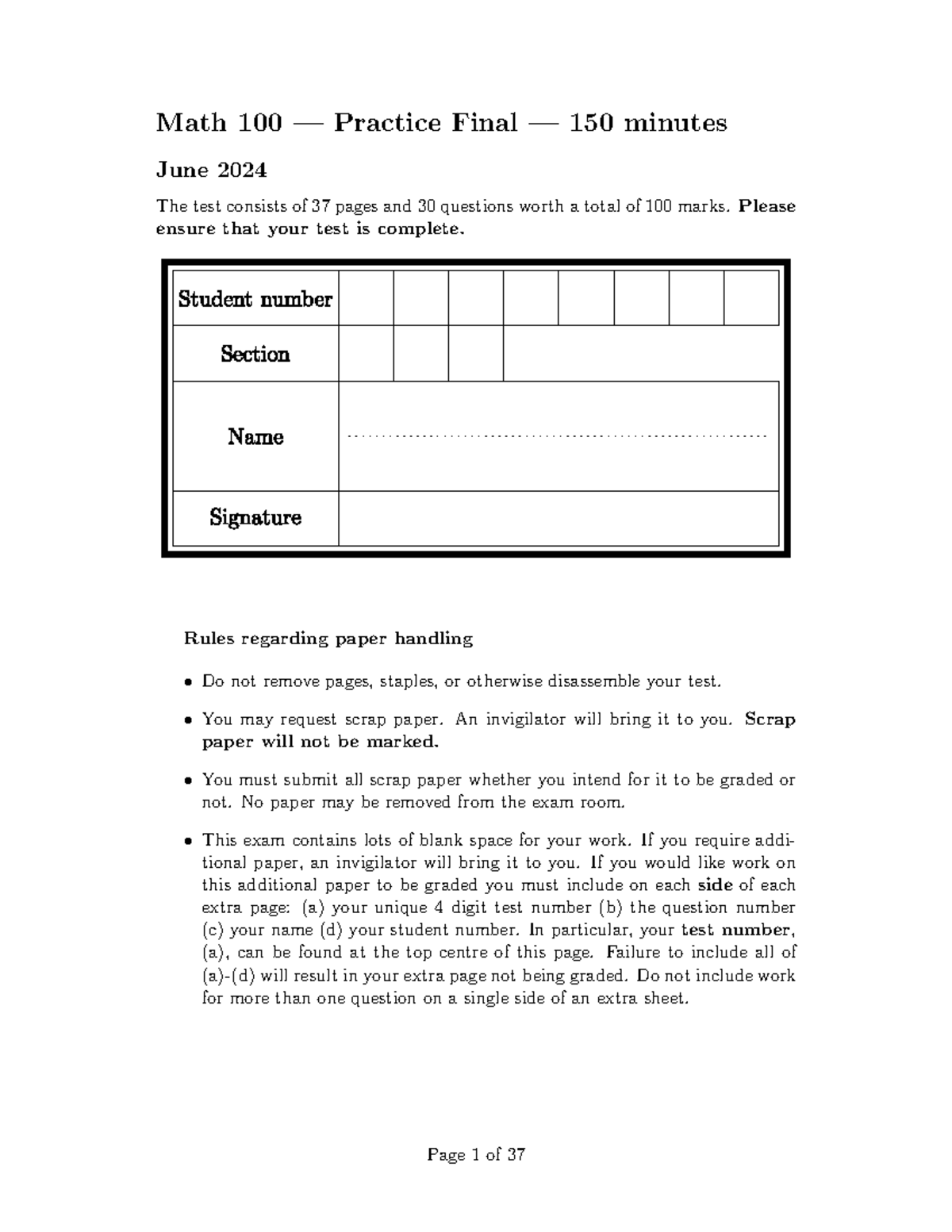 Math 100 Practice Final Exam Questions (2024S) - Studocu