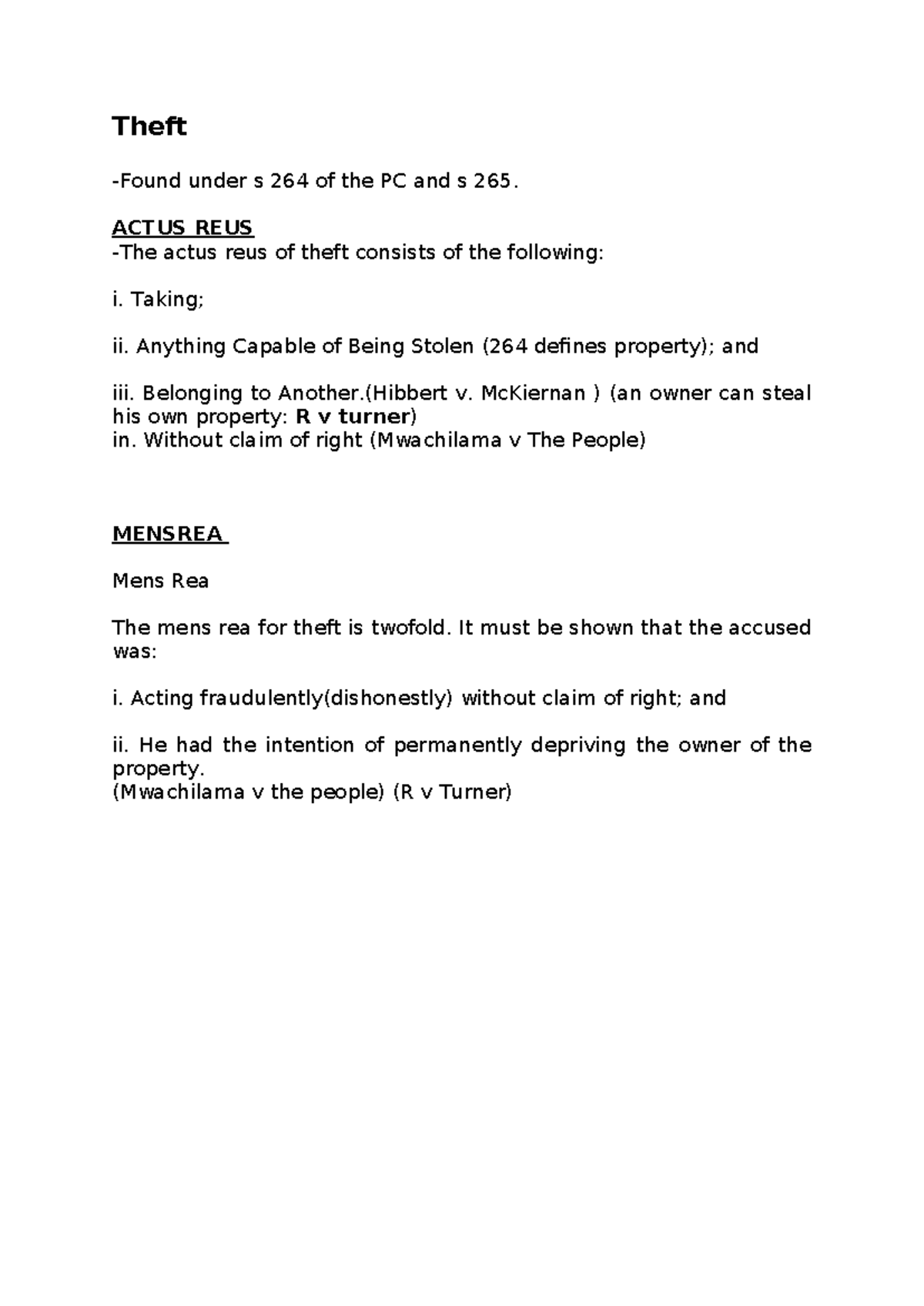 Theft 2 - Summary - Theft -Found under s 264 of the PC and s 265. ACTUS ...