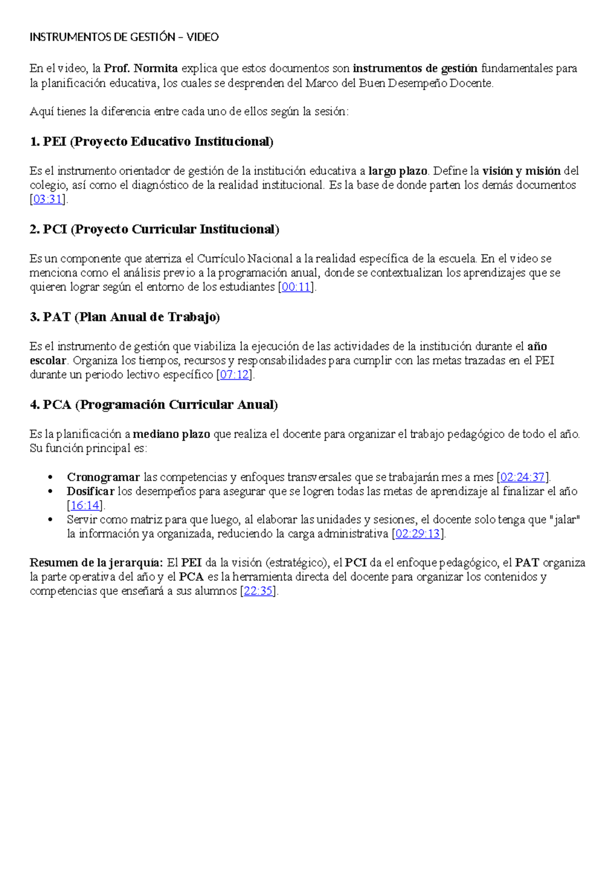 Instrumentos de Gestión Educativa: PEI, PCI, PAT y PCA - Studocu