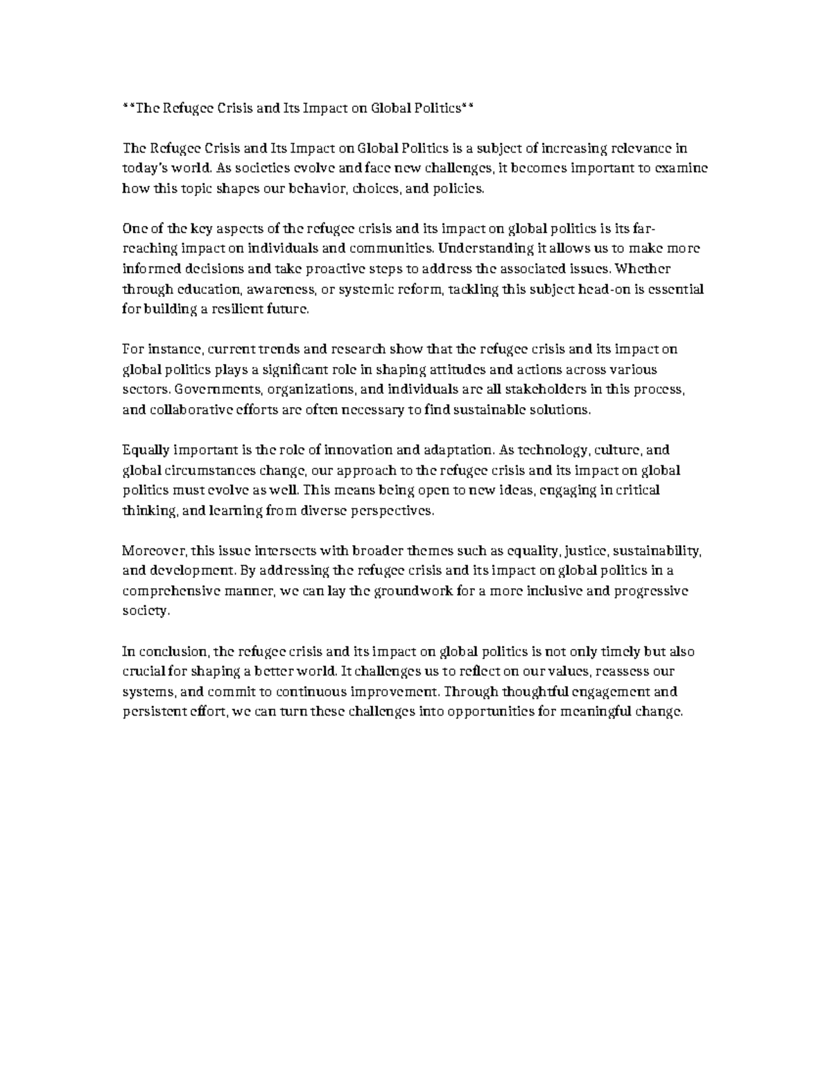 Short Essay 19: The Refugee Crisis & Its Global Political Impact - Studocu