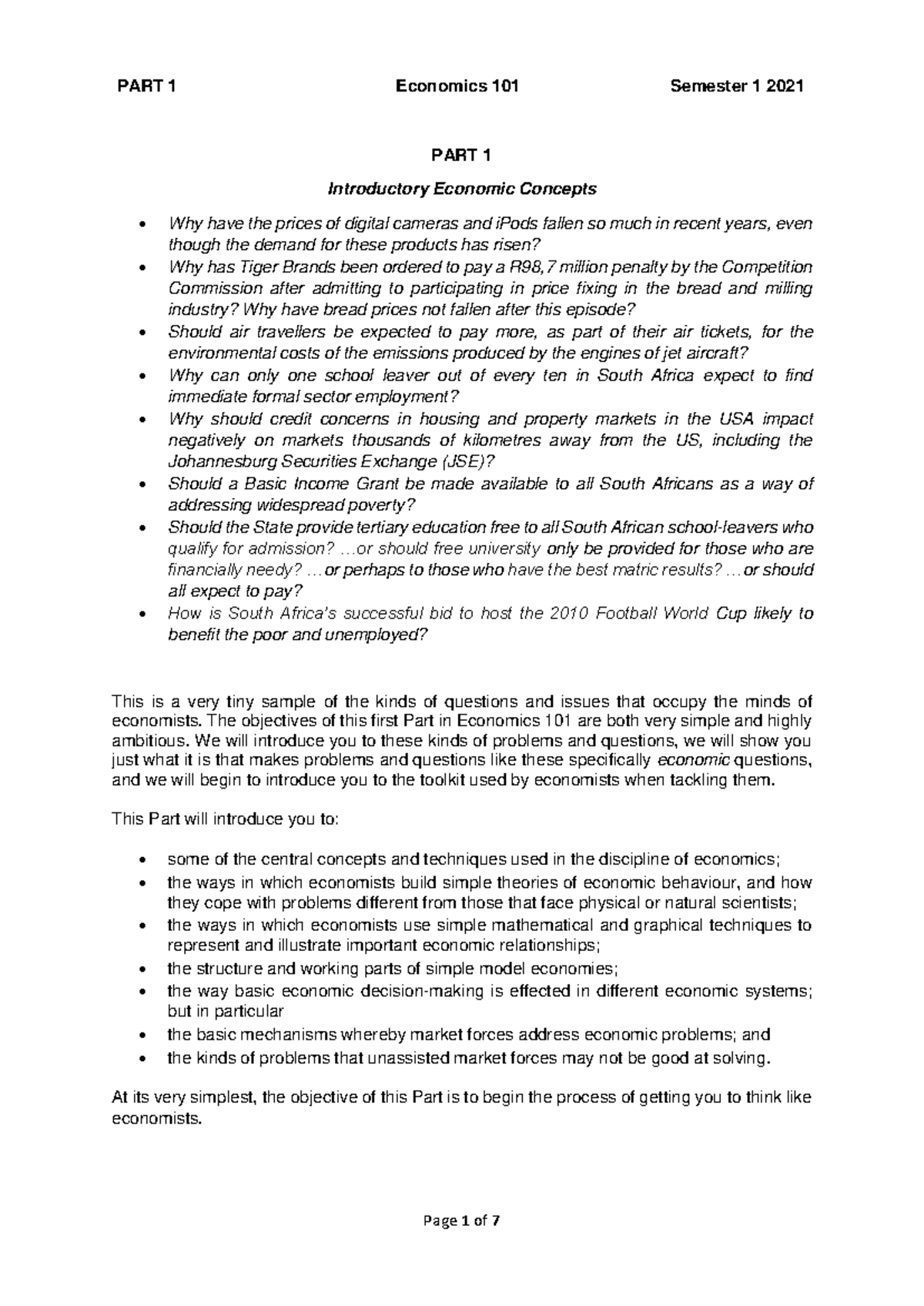 ECON101 Part 1: Introductory Economic Concepts Overview 2021 - Studocu
