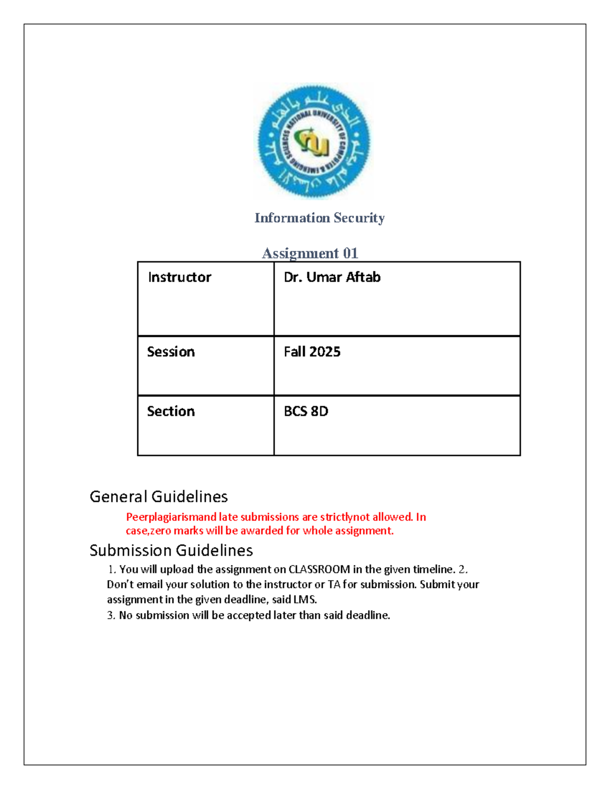 Information security assignment 01 guidelines and code examples - Studocu