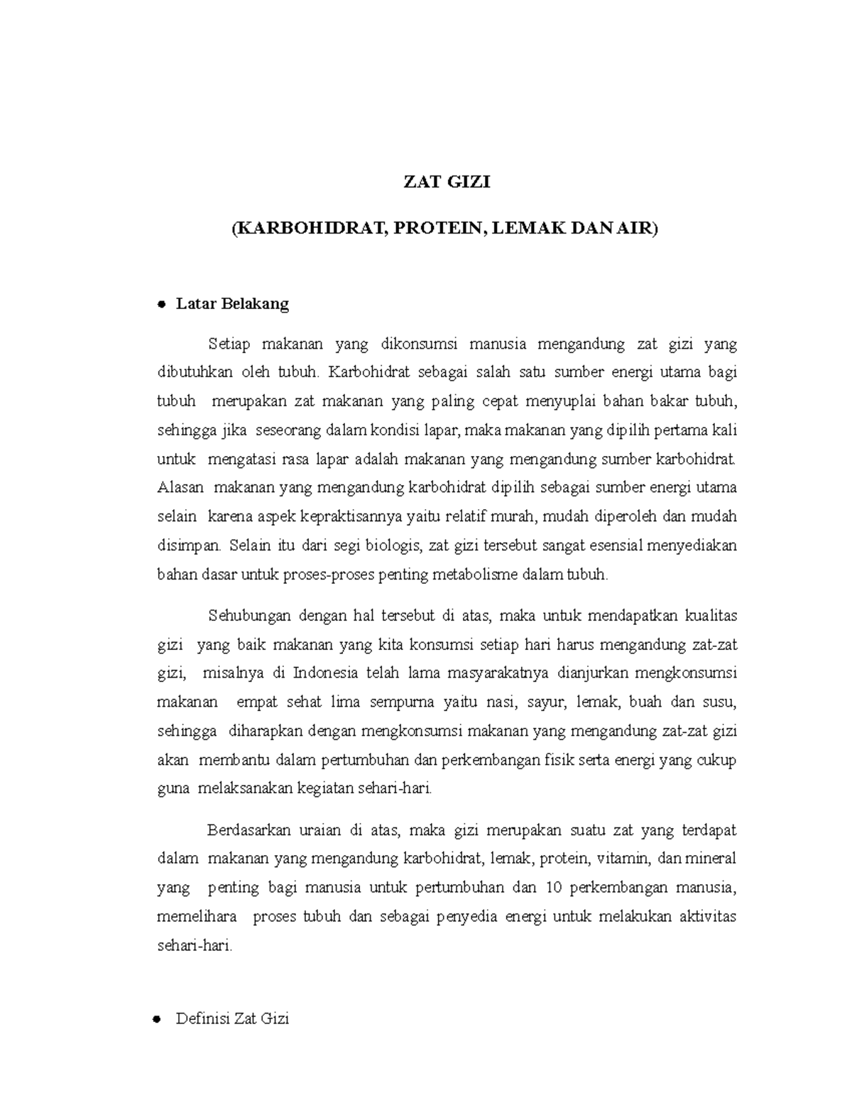 ZAT GIZI: Karbohidrat, Protein, Lemak, dan Air dalam Hidup Sehat - Studocu