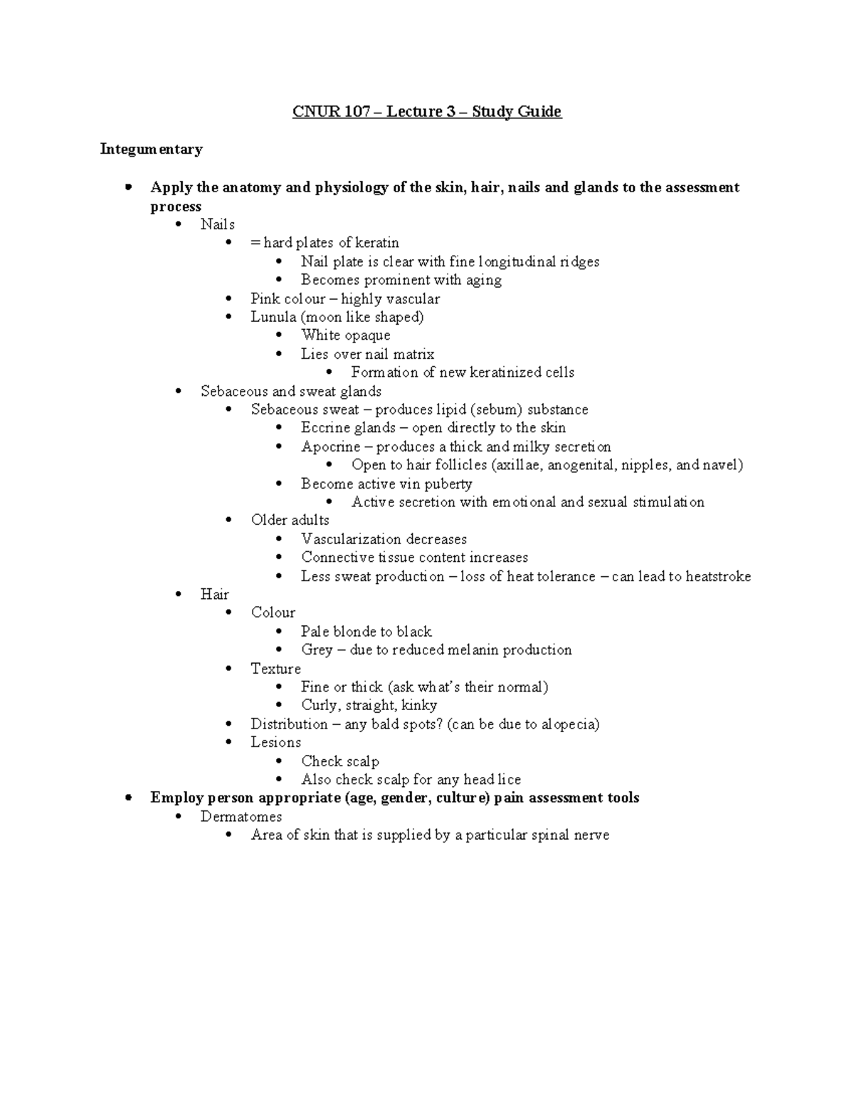 CNUR 107 Lecture 3 Study Guide: Integumentary & Musculoskeletal Systems ...